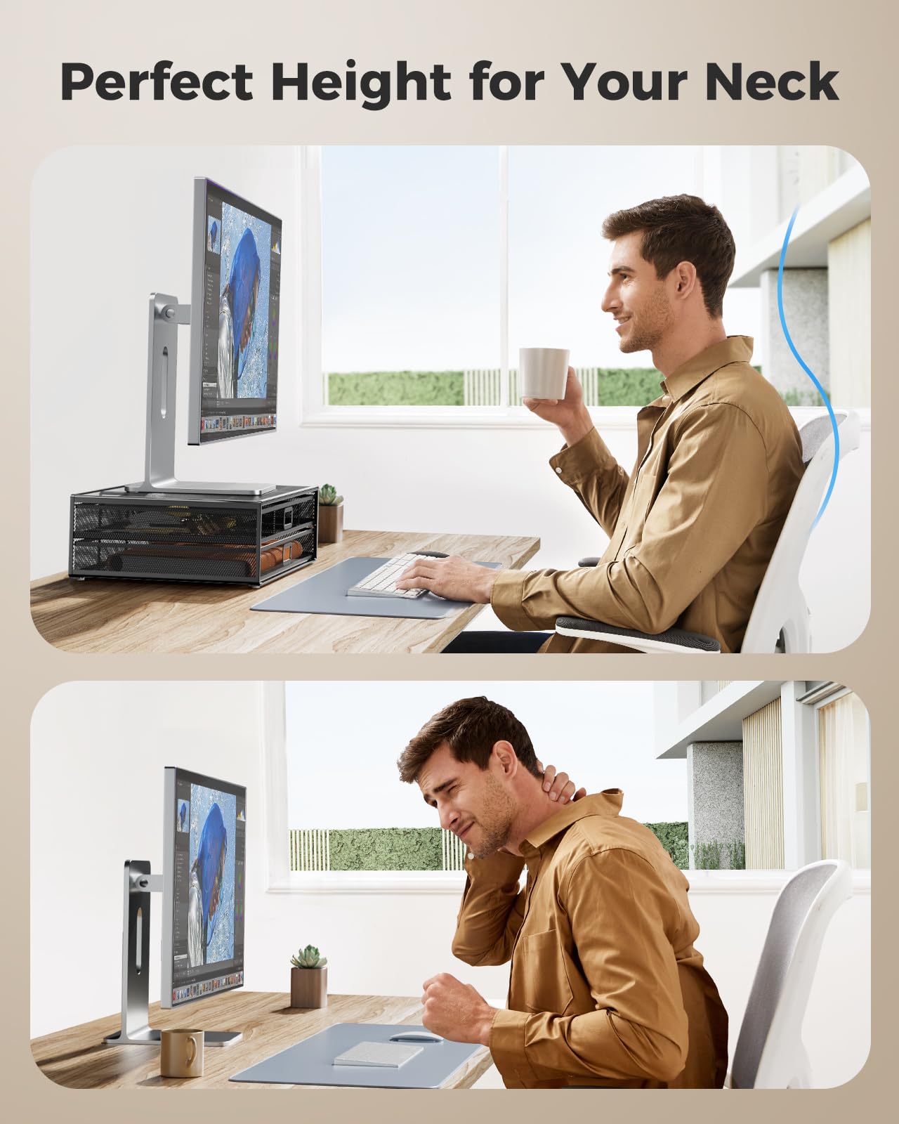 Monitor Stand with Drawer, Monitor Stand, Monitor Riser Mesh Metal, Desk Organizer, Monitor Stand with Storage, Desktop Computer Stand for PC, Laptop, Printer - HUANUO