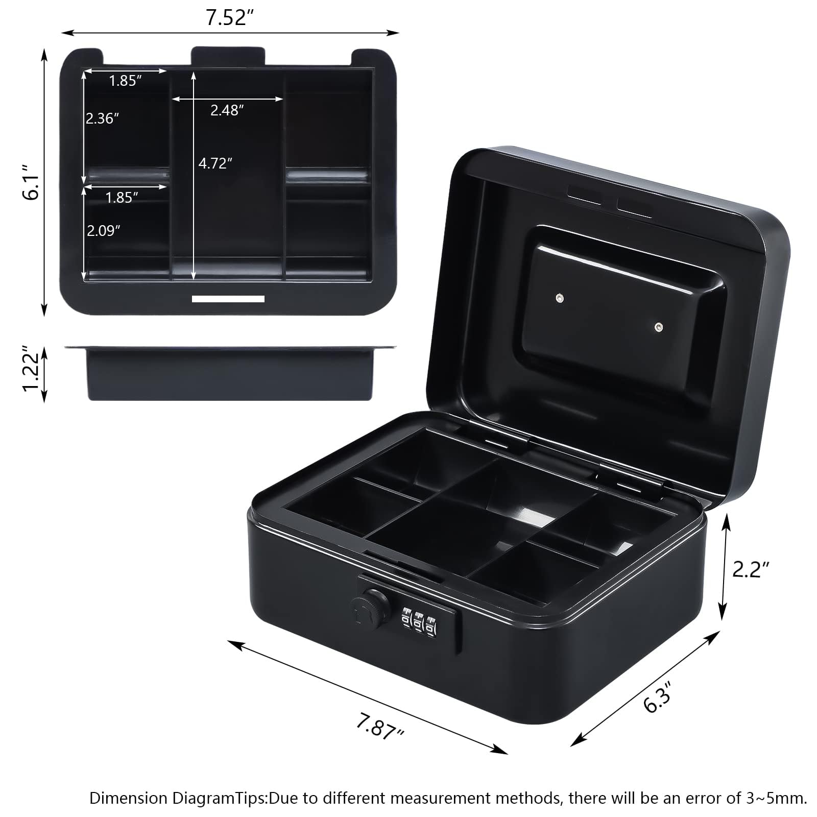 KYODOLED Medium Cash Box with Combination Lock Safe Metal Money Box with Money Tray for Security Lock Box 7.87"x 6.30"x 3.54" Black Medium