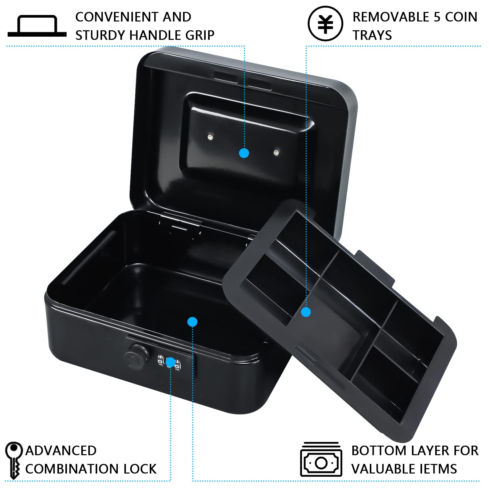 KYODOLED Medium Cash Box with Combination Lock Safe Metal Money Box with Money Tray for Security Lock Box 7.87"x 6.30"x 3.54" Black Medium