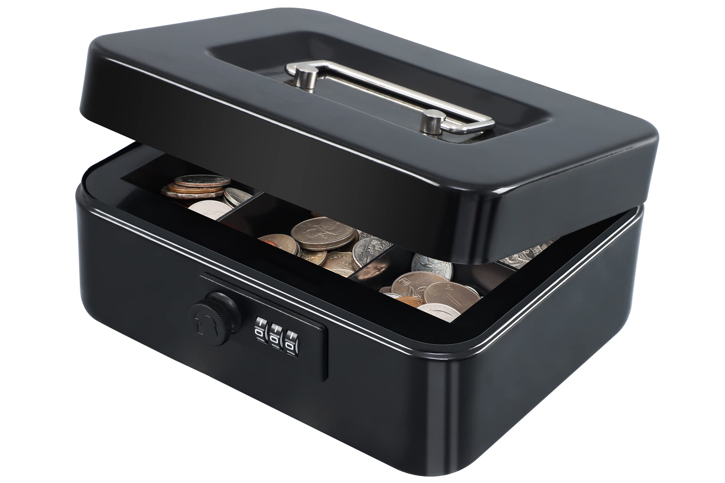 KYODOLED Medium Cash Box with Combination Lock Safe Metal Money Box with Money Tray for Security Lock Box 7.87"x 6.30"x 3.54" Black Medium