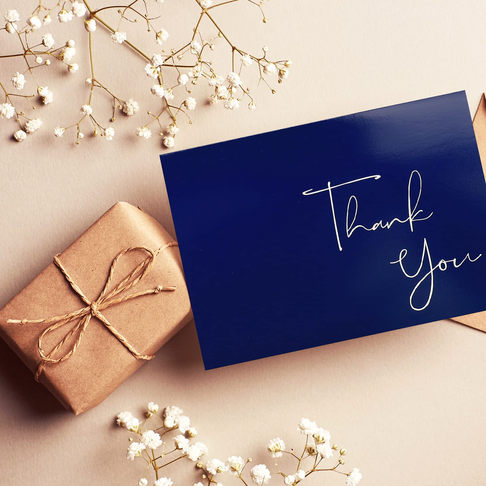 BGTCARDS 40 Navy Blue Thank You Cards with Envelopes - Classy Thank You Greeting Notes Bulk Set Box Large Professional Looking Perfect for Wedding, Business,Graduation,Baby Shower & Much More