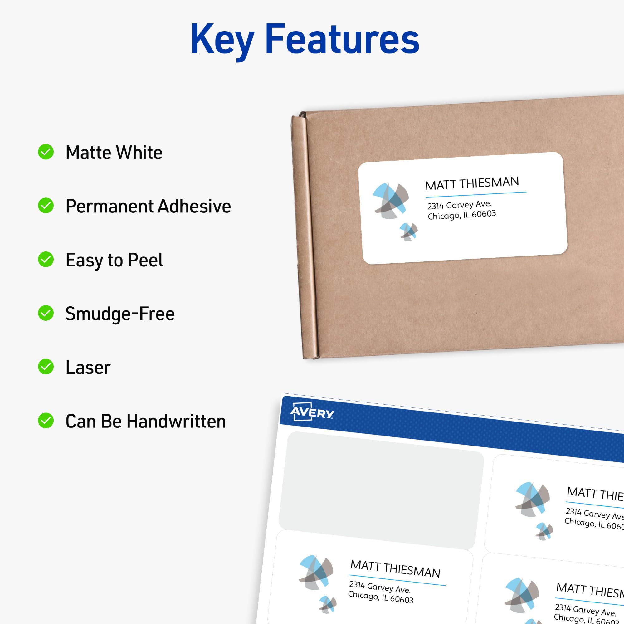Avery 5126 Shipping Address Labels, Laser Printers, 200 Labels, Half Sheet Labels, Permanent Adhesive, TrueBlock, White