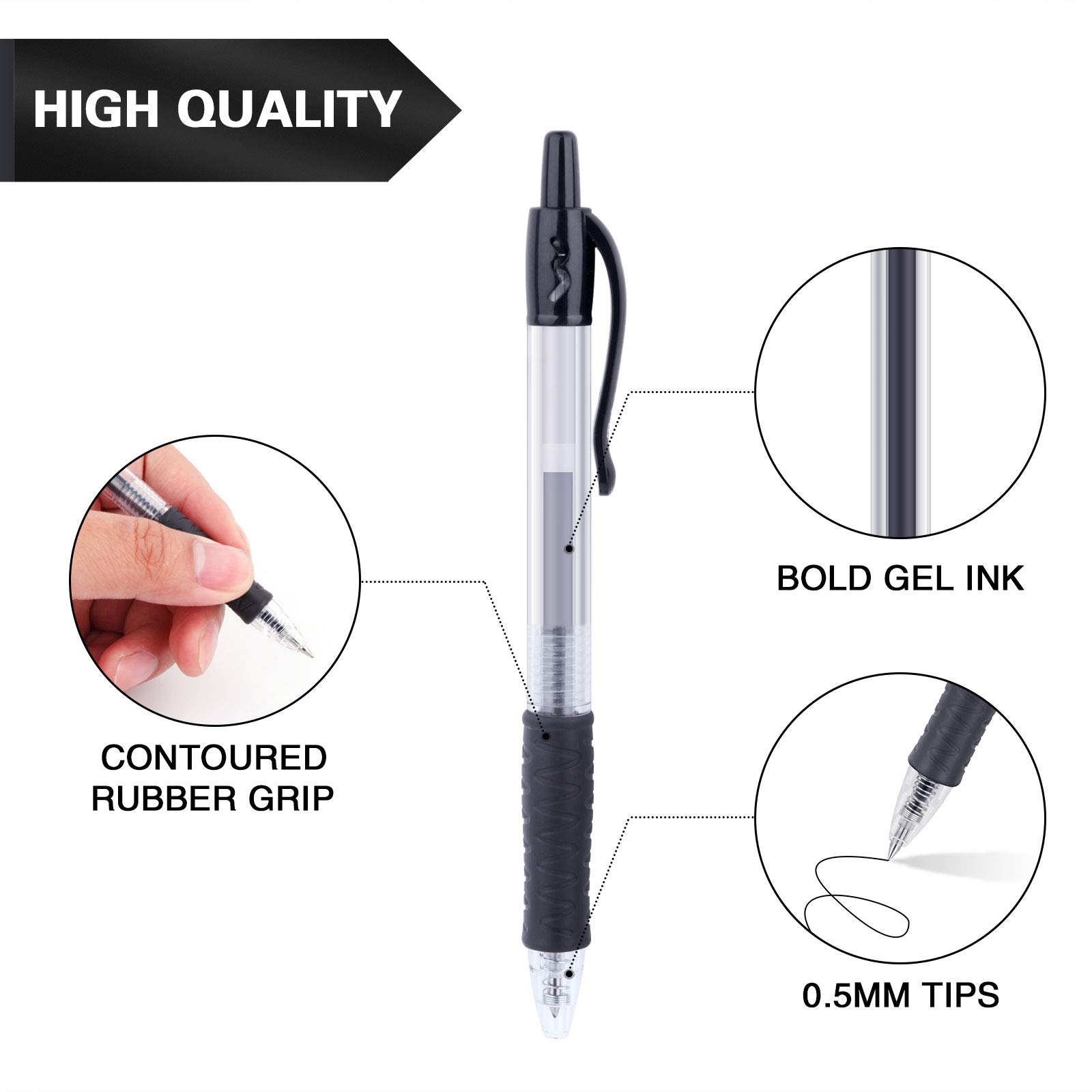 TANMIT Black Gel Pens, Retractable Roll Ball Gel Pen, 30 Black Pens Fine Point With Comfortable Grips for Smooth Writing