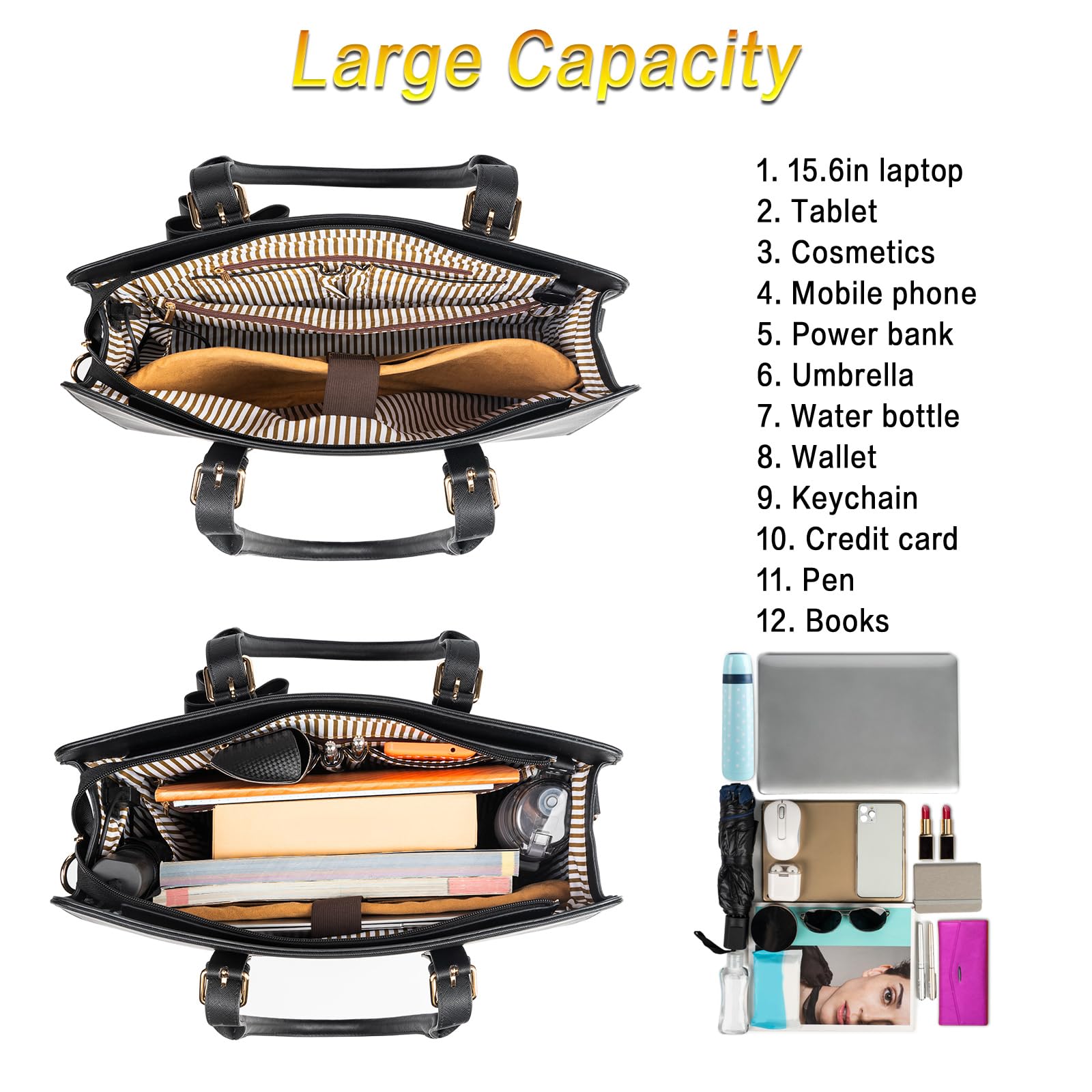 Laptop Tote Bag for Women, Large Waterproof PU Leather Work Briefcase with USB Charging Port Casual Computer Shoulder Bag Messenger fits 15.6 Inch, Business Handbag Satchel Purse 2pcs Set, Black