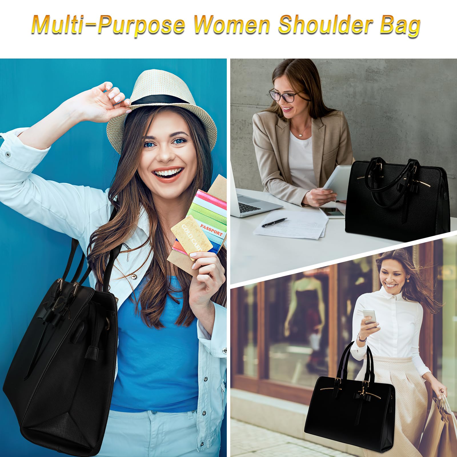Laptop Tote Bag for Women, Large Waterproof PU Leather Work Briefcase with USB Charging Port Casual Computer Shoulder Bag Messenger fits 15.6 Inch, Business Handbag Satchel Purse 2pcs Set, Black
