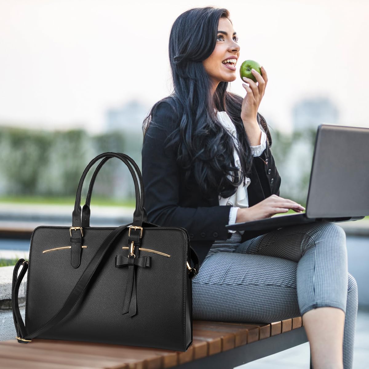 Laptop Tote Bag for Women, Large Waterproof PU Leather Work Briefcase with USB Charging Port Casual Computer Shoulder Bag Messenger fits 15.6 Inch, Business Handbag Satchel Purse 2pcs Set, Black