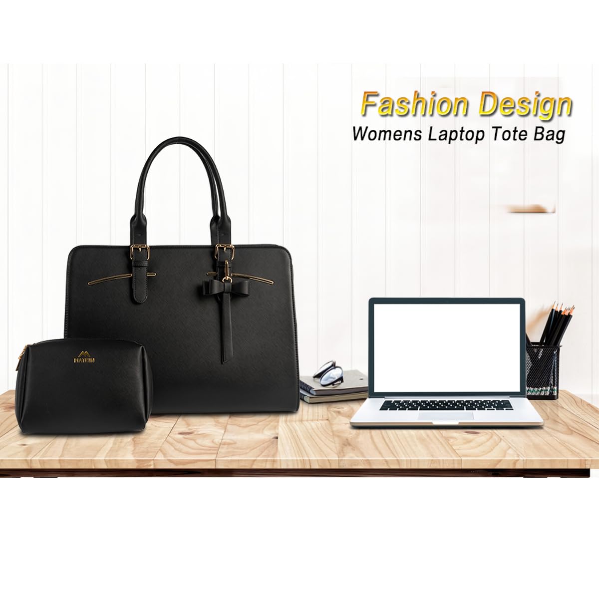 Laptop Tote Bag for Women, Large Waterproof PU Leather Work Briefcase with USB Charging Port Casual Computer Shoulder Bag Messenger fits 15.6 Inch, Business Handbag Satchel Purse 2pcs Set, Black