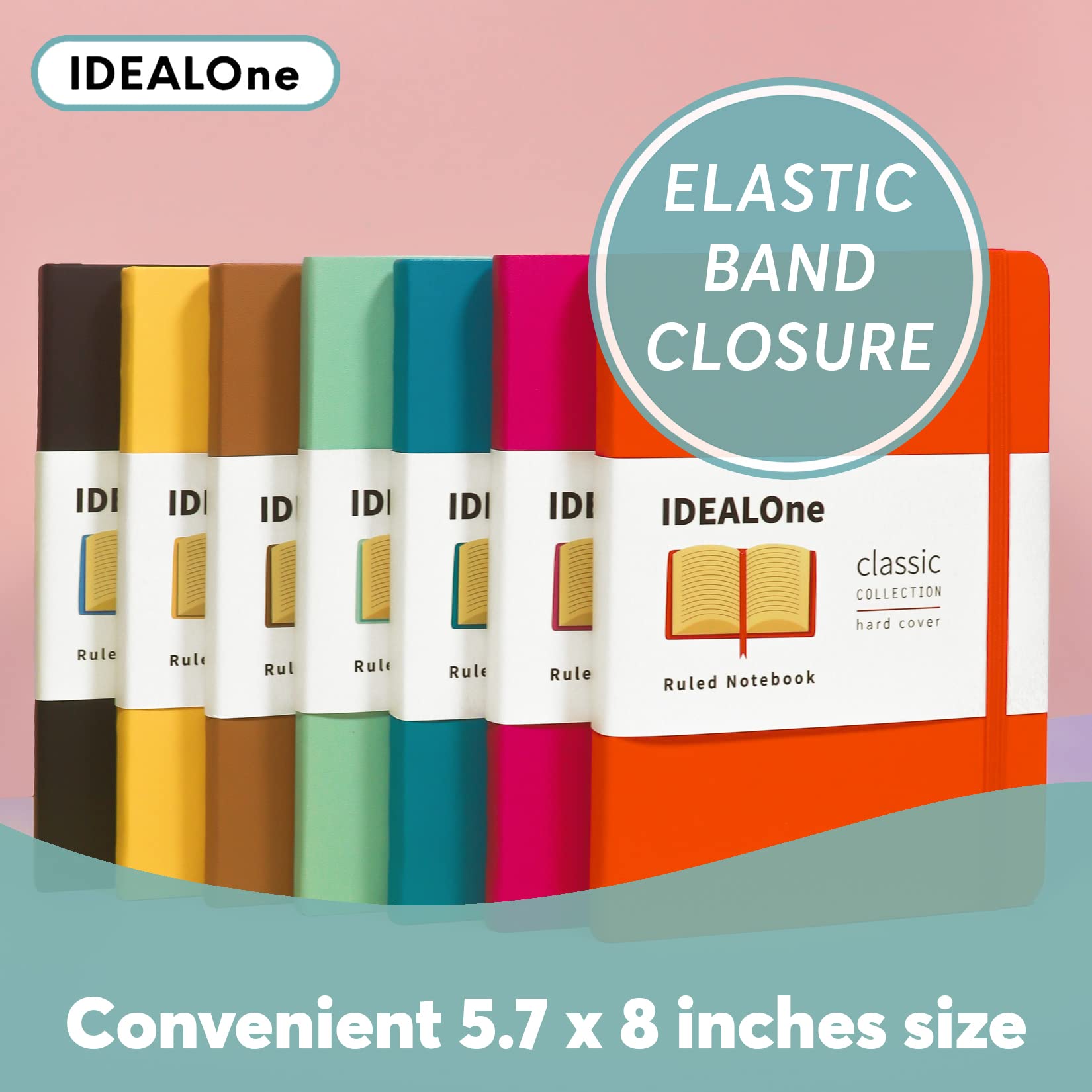 IDEALOne Journal Notebook Lined Classic Hardcover – For Work, Home, School, 5.7 x 8 inches, 160 pages, 100GSM Thick Paper, with Elastic Band Closure and Ribbon Bookmark, Black
