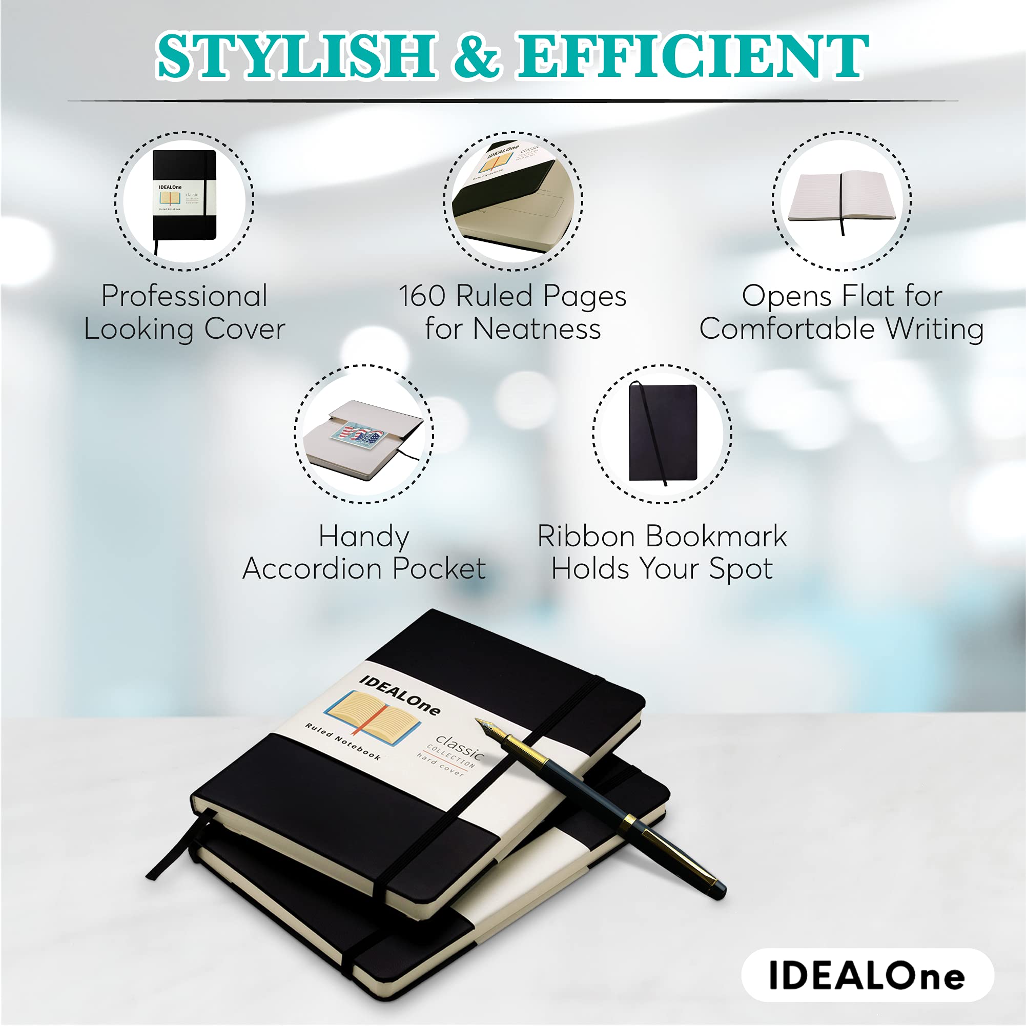 IDEALOne Journal Notebook Lined Classic Hardcover – For Work, Home, School, 5.7 x 8 inches, 160 pages, 100GSM Thick Paper, with Elastic Band Closure and Ribbon Bookmark, Black