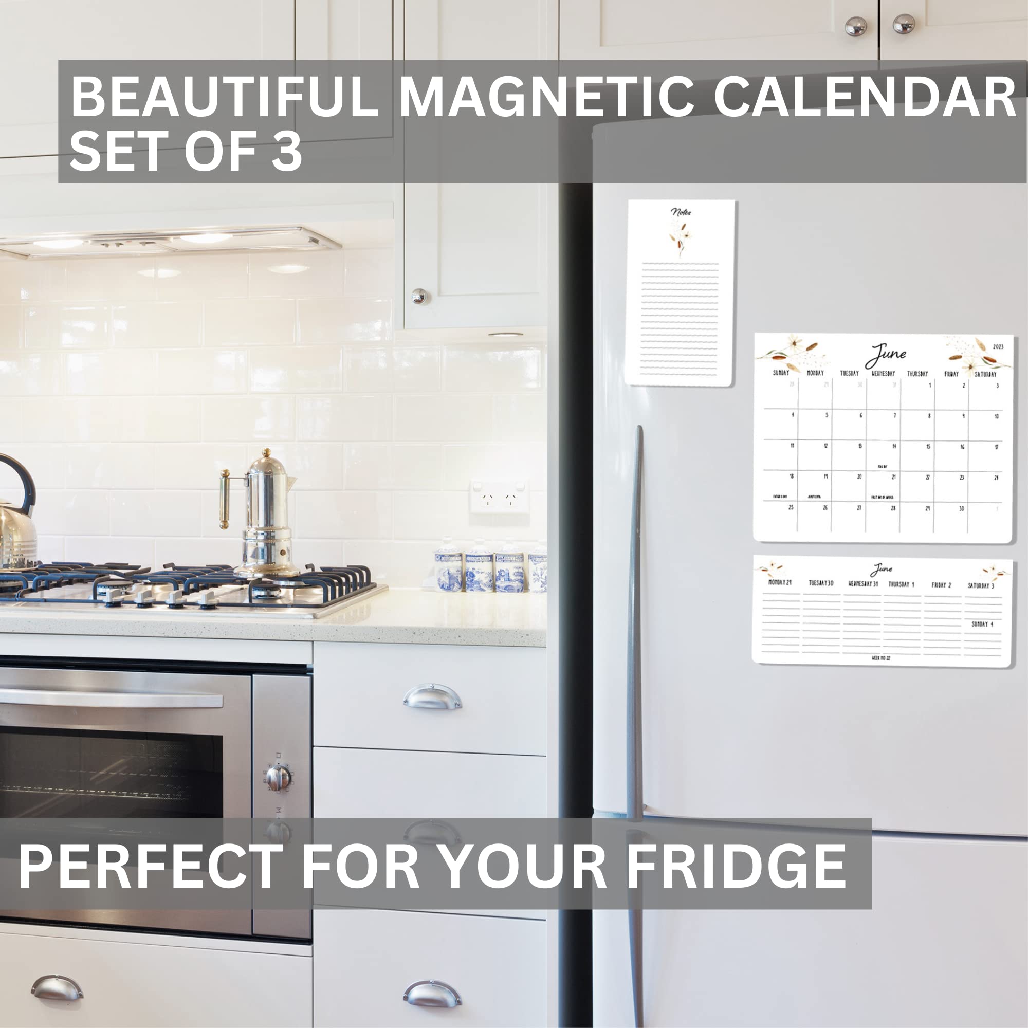 Beautiful 2023 Magnetic Fridge Calendar Set 3 - Runs Until July 2024 - The Perfect Weekly/Monthly Calendar And Notepad With Floral Designs for Easy Organizing