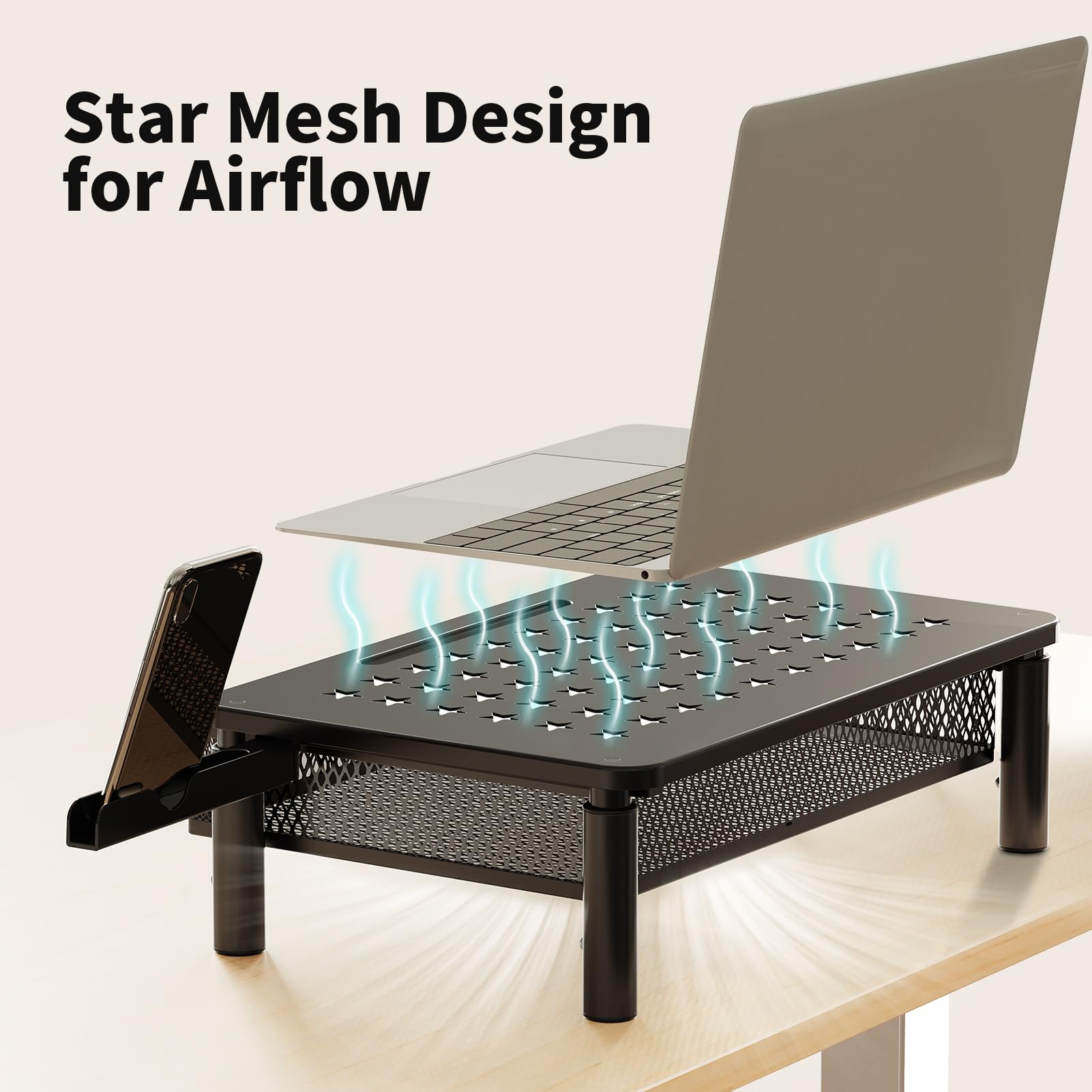 Zimilar Monitor Stand Riser with Metal Mesh Drawer, Height Adjustable Monitor Riser with Phone Holder for Computer, Laptop, Printer, Notebook, Premium Metal Computer Monitor Stand with Storage