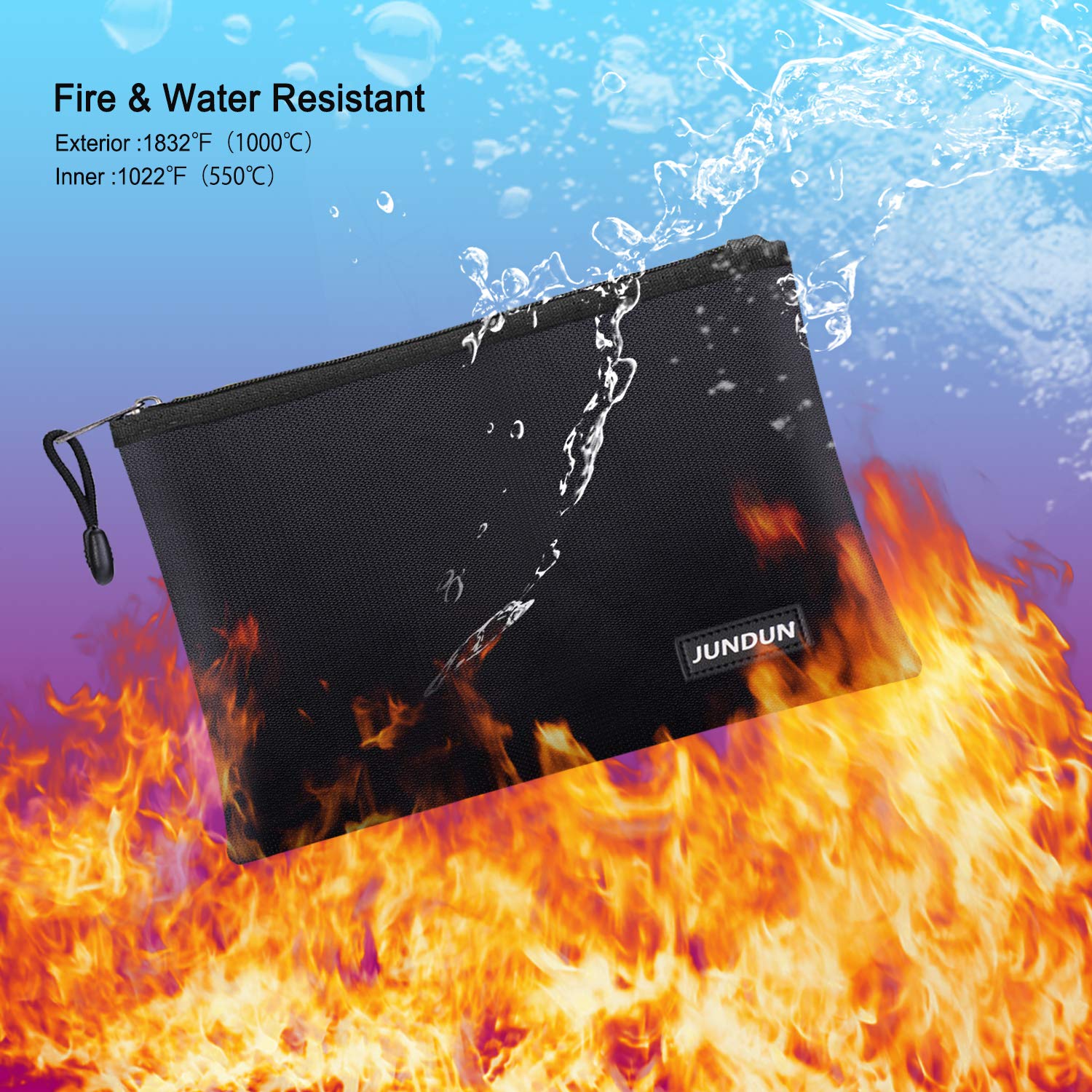 JUNDUN Fireproof Document Bags,14.2”x 10.0”Waterproof and Fireproof Money Bag,Fireproof Safe Storage Pouch with Zipper for A4 Document Holder,File,Cash and Tablet