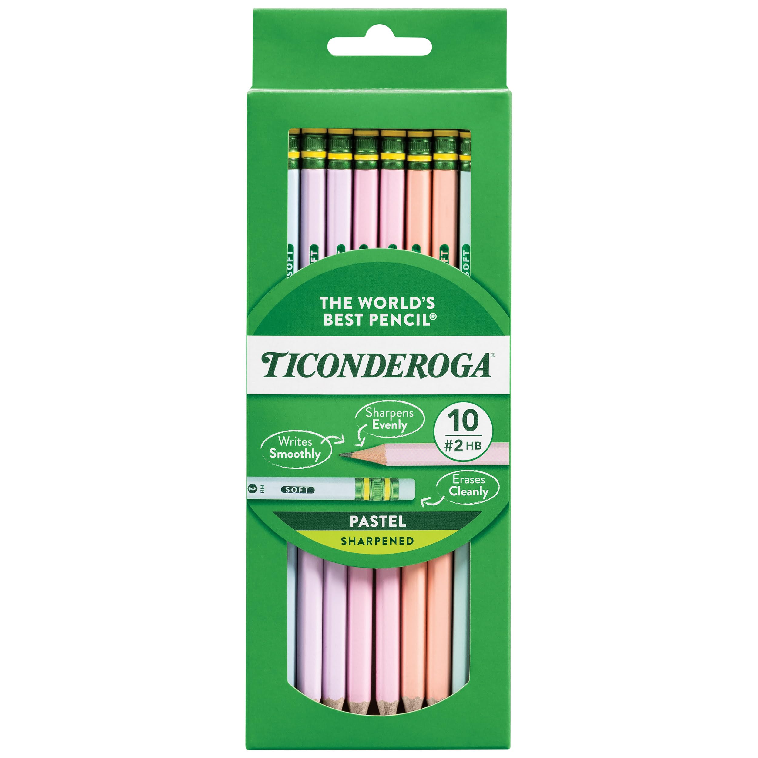 Ticonderoga Pencils, Wood-Cased, Pre-Sharpened, 2 HB Soft, Pastel, 10 Count