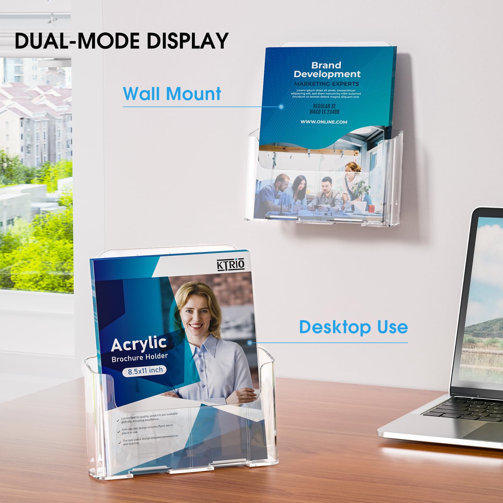 KTRIO Acrylic Brochure Holder 8.5 x 11 inches Plastic Acrylic Literature Holders Clear Flyer Holder Rack Card Holder, Magazine, Pamphlet, Booklet Display Stand Trifold Holder Desk or Wall Mount 2 Pack