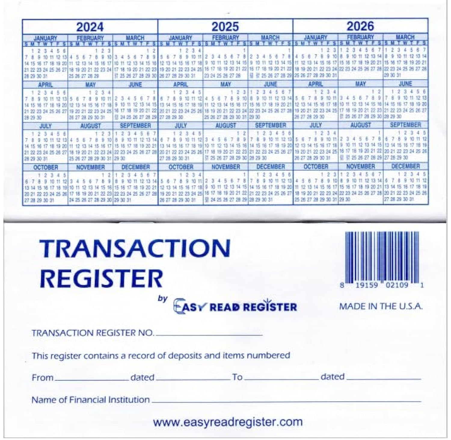 Personal Checkbook Registers, Set of 10, 2023-2024-2025 Calendars, Made in USA