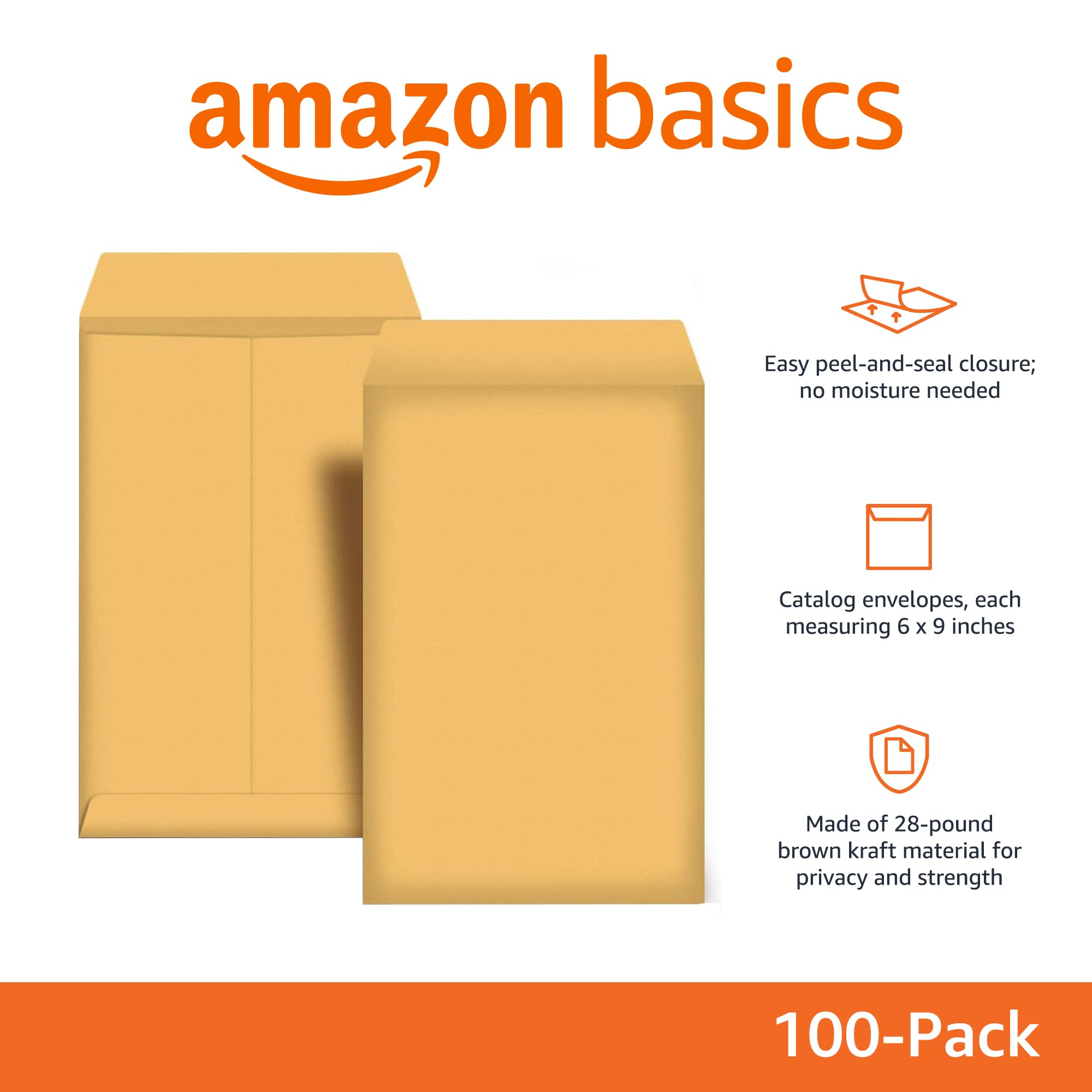 Amazon Basics Catalog Mailing Envelopes, Peel & Seal, 6x9 Inch, Brown Kraft, 100-Pack
