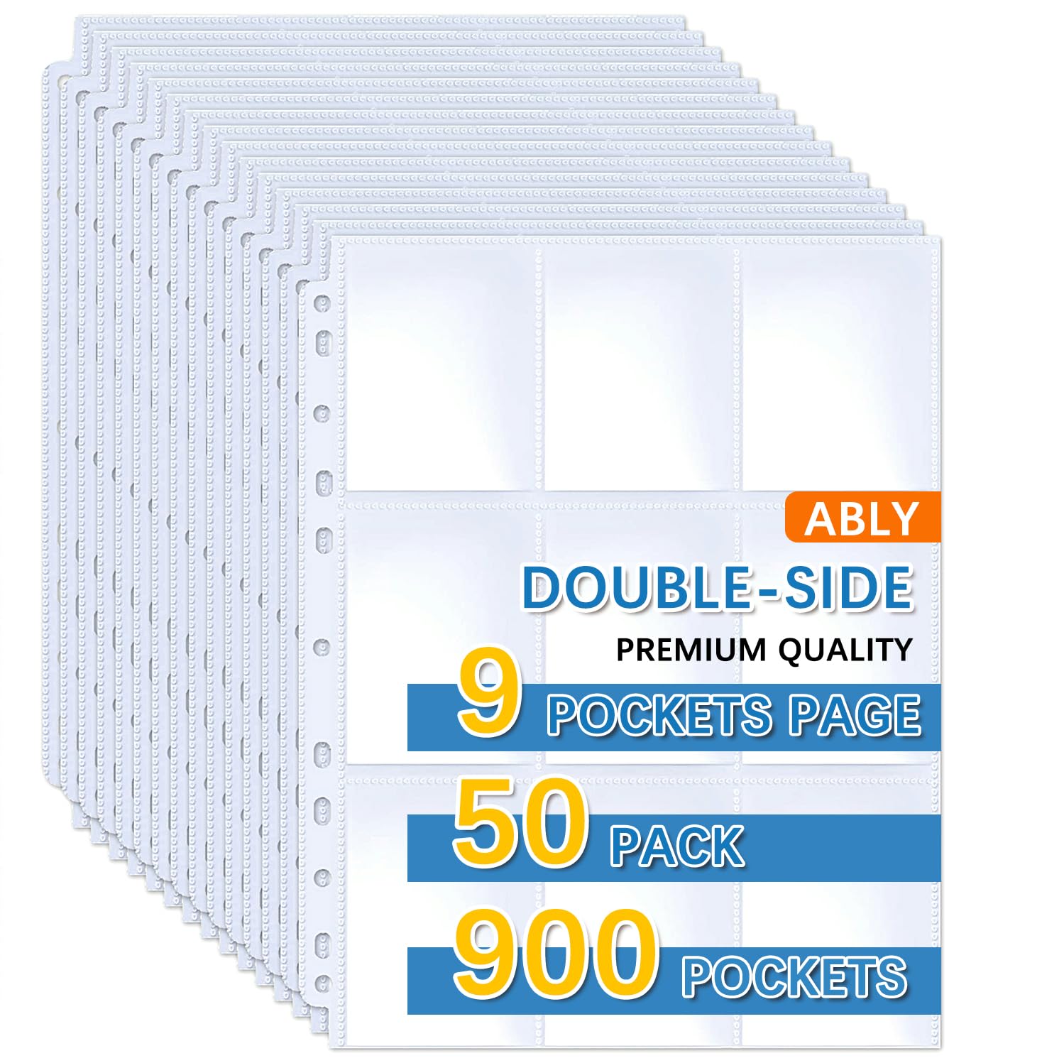 900 Pockets Baseball Card Sleeves, ABLY Double Side 9-Pocket Trading Card Binder Sleeves Page Protectors Sheet for Skylanders, Pokemon, Top Trumps for 3 Ring Binder(50 Pages)