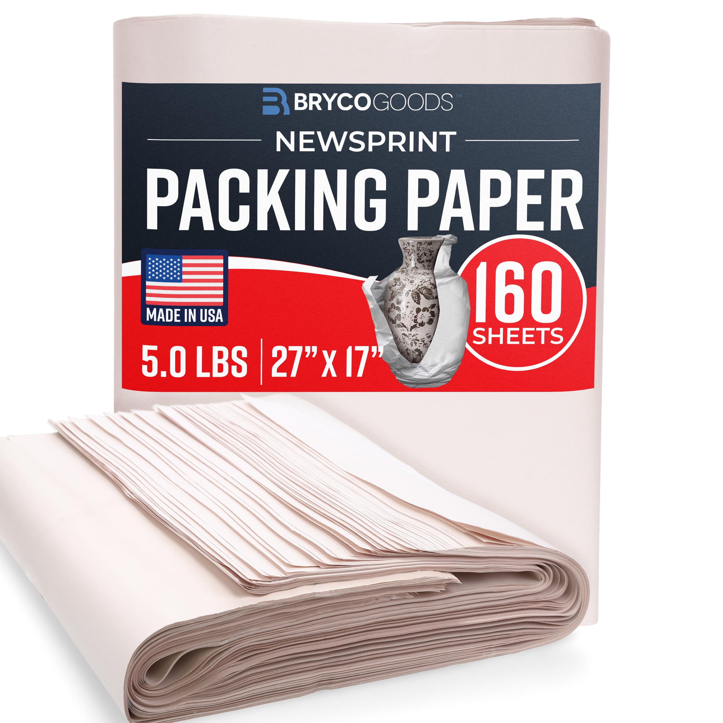 Packing Paper Sheets for Moving - 5lb - 160 Sheets of Newsprint Paper - Must Have in Your Moving Supplies - 27" x 17" - Made in USA