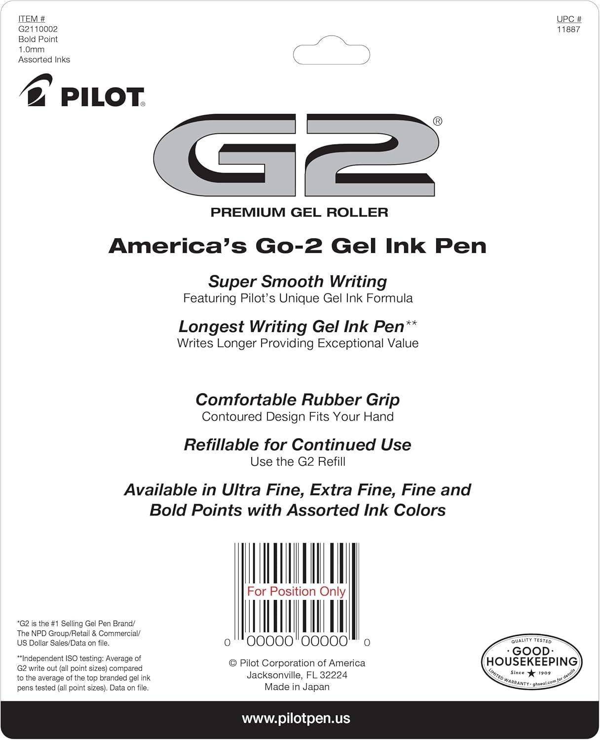 Pilot G2 Premium Retractable Gel-Ink Rolling Ball Pens, Bold Point (1.0mm), Assorted, 10/Pk (11887)