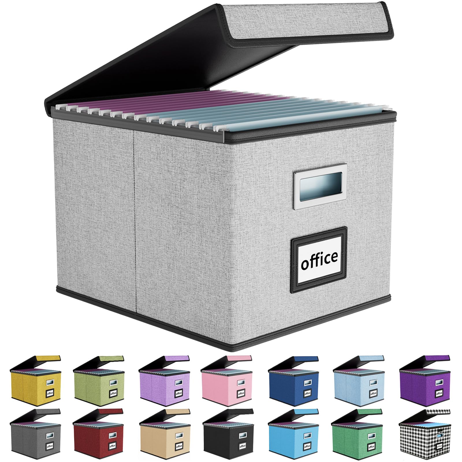 Huolewa Upgraded Portable File Organizer Box with Lids, Collapsible Linen Hanging Filing Storage Boxes with Plastic Slide, Decorative Home/Office Filing System for File and Folders Storage (Gray)