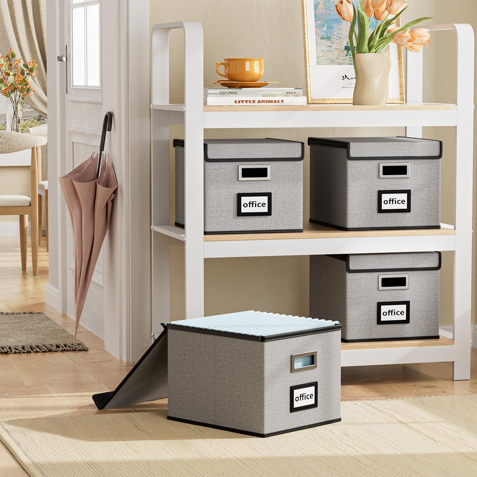 Huolewa Upgraded Portable File Organizer Box with Lids, Collapsible Linen Hanging Filing Storage Boxes with Plastic Slide, Decorative Home/Office Filing System for File and Folders Storage (Gray)