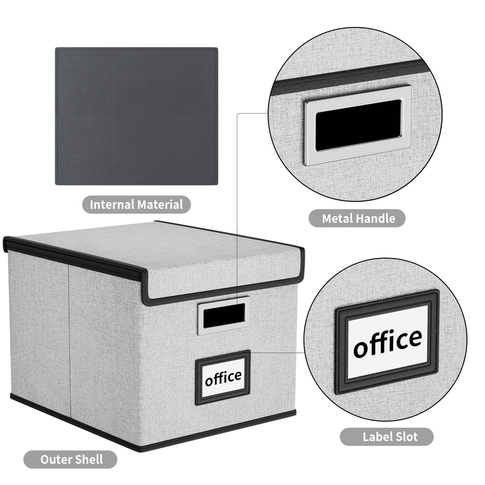 Huolewa Upgraded Portable File Organizer Box with Lids, Collapsible Linen Hanging Filing Storage Boxes with Plastic Slide, Decorative Home/Office Filing System for File and Folders Storage (Gray)