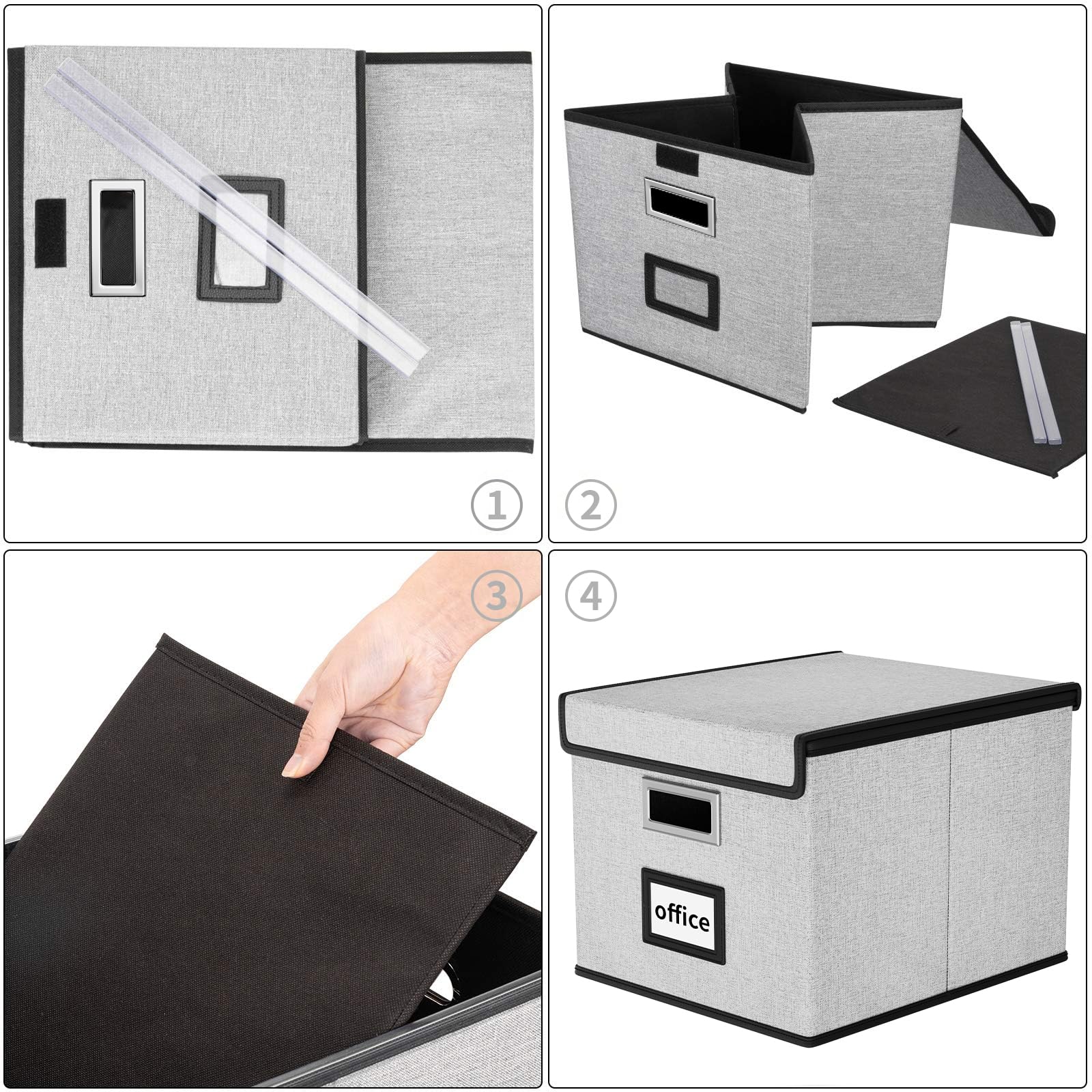 Huolewa Upgraded Portable File Organizer Box with Lids, Collapsible Linen Hanging Filing Storage Boxes with Plastic Slide, Decorative Home/Office Filing System for File and Folders Storage (Gray)