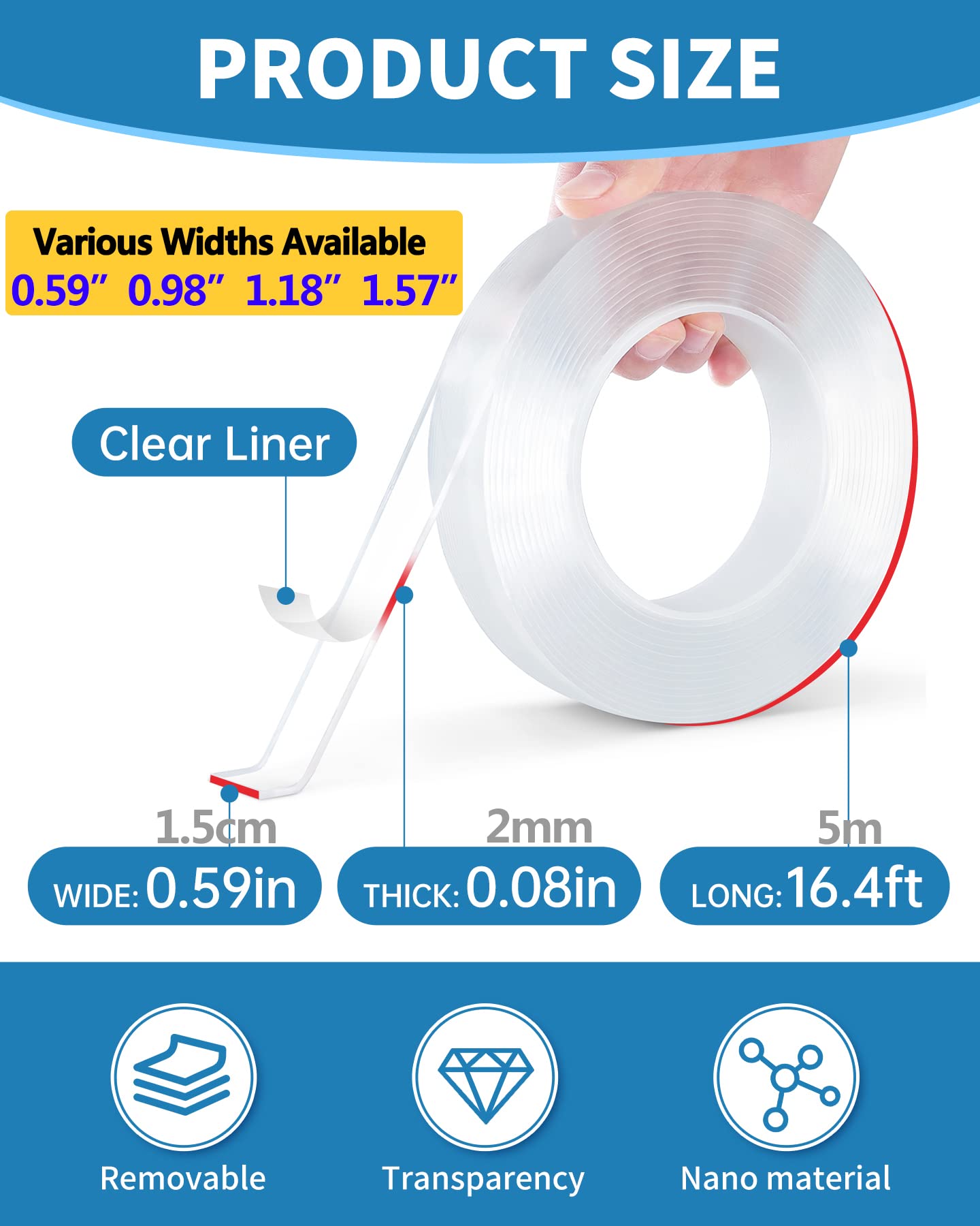 Teskyer Double Sided Tape Heavy Duty, Strong Adhesive Mounting Tape, Multipurpose Removable and Reusable Wall Tape Photo Frame Hanging Poster Tape Carpet Tape (16.4ft X 0.59in)