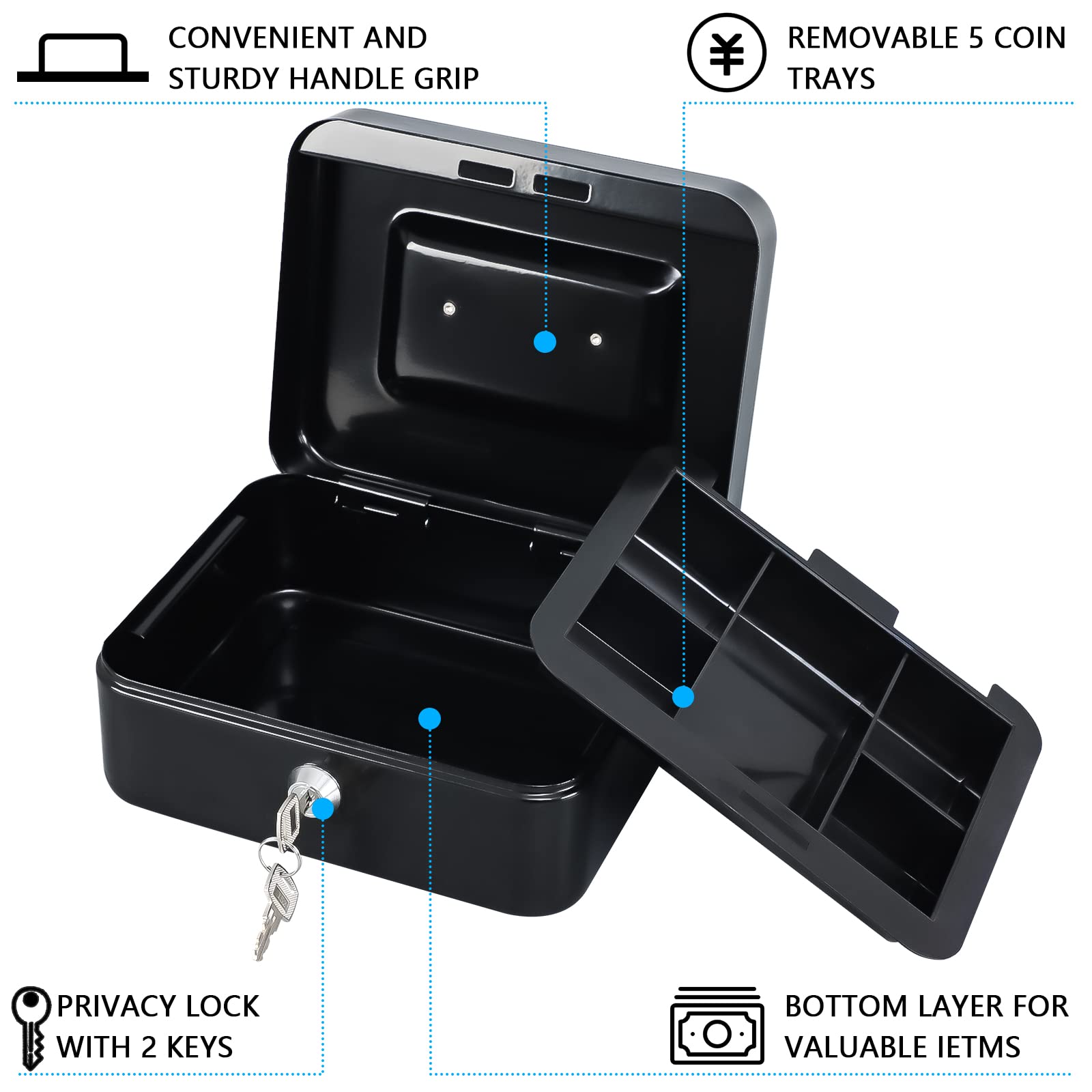 KYODOLED Medium Cash Box with Money Tray,Small Safe Lock Box with Key,Cash Drawer,7.87"x 6.30"x 3.54" Black Medium