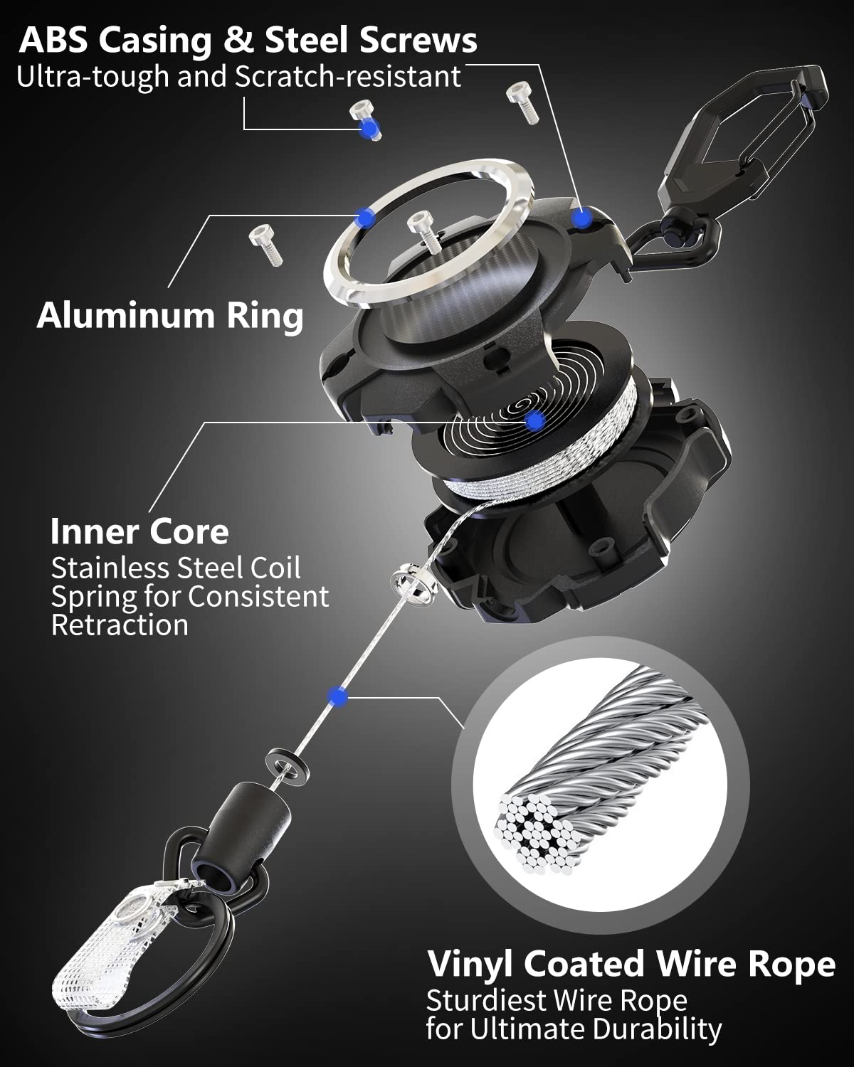 LIUGX 2 Pack Retractable Keychain, Heavy Duty Carabiner Key Chains, 10,000+ Rebound, Impact Resistance ID Badge Reels with 31.5β Wire Rope and Key Ring, Up to 8oz, Aluminum Ring, Carbon Fiber-Texture