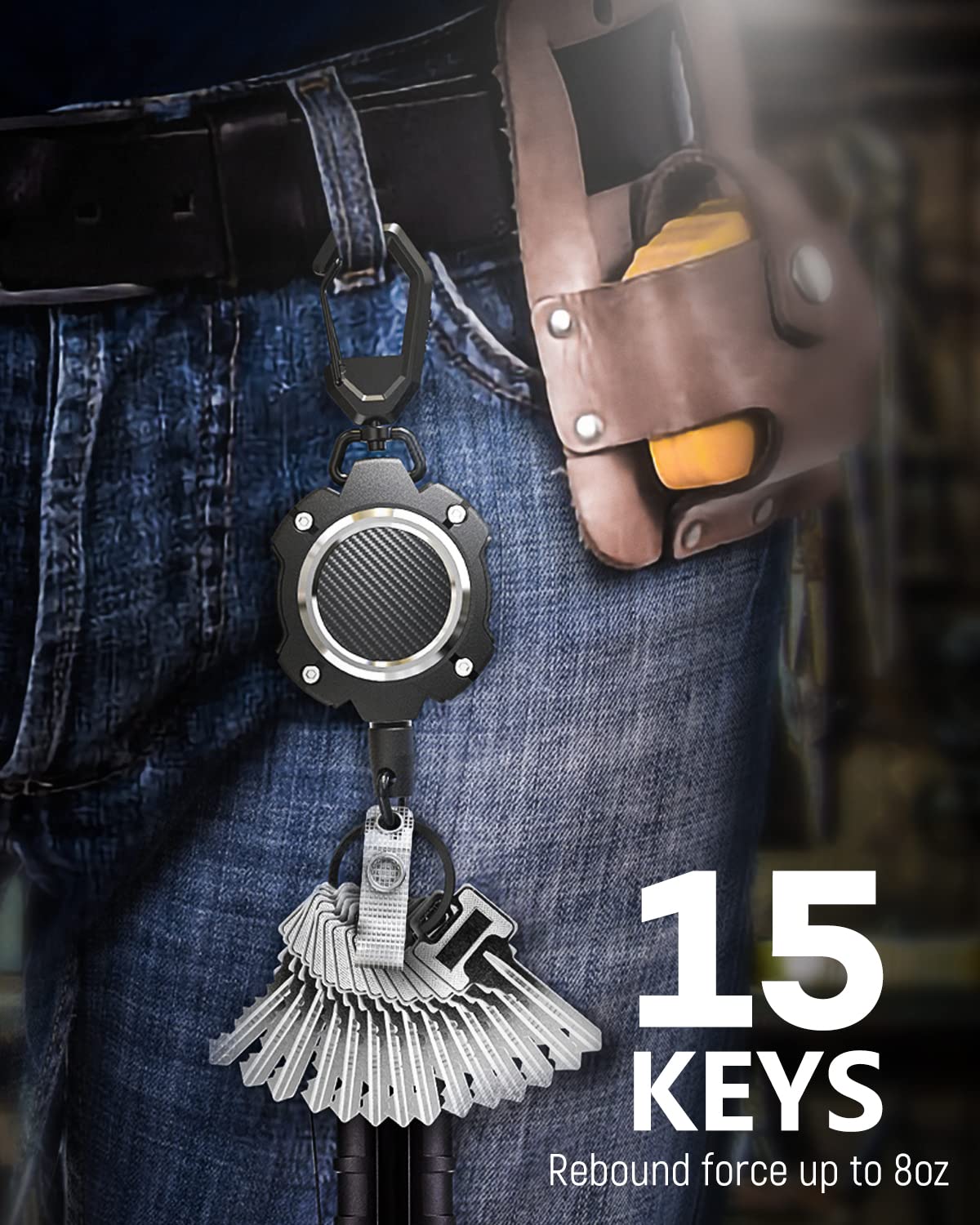 LIUGX 2 Pack Retractable Keychain, Heavy Duty Carabiner Key Chains, 10,000+ Rebound, Impact Resistance ID Badge Reels with 31.5β Wire Rope and Key Ring, Up to 8oz, Aluminum Ring, Carbon Fiber-Texture