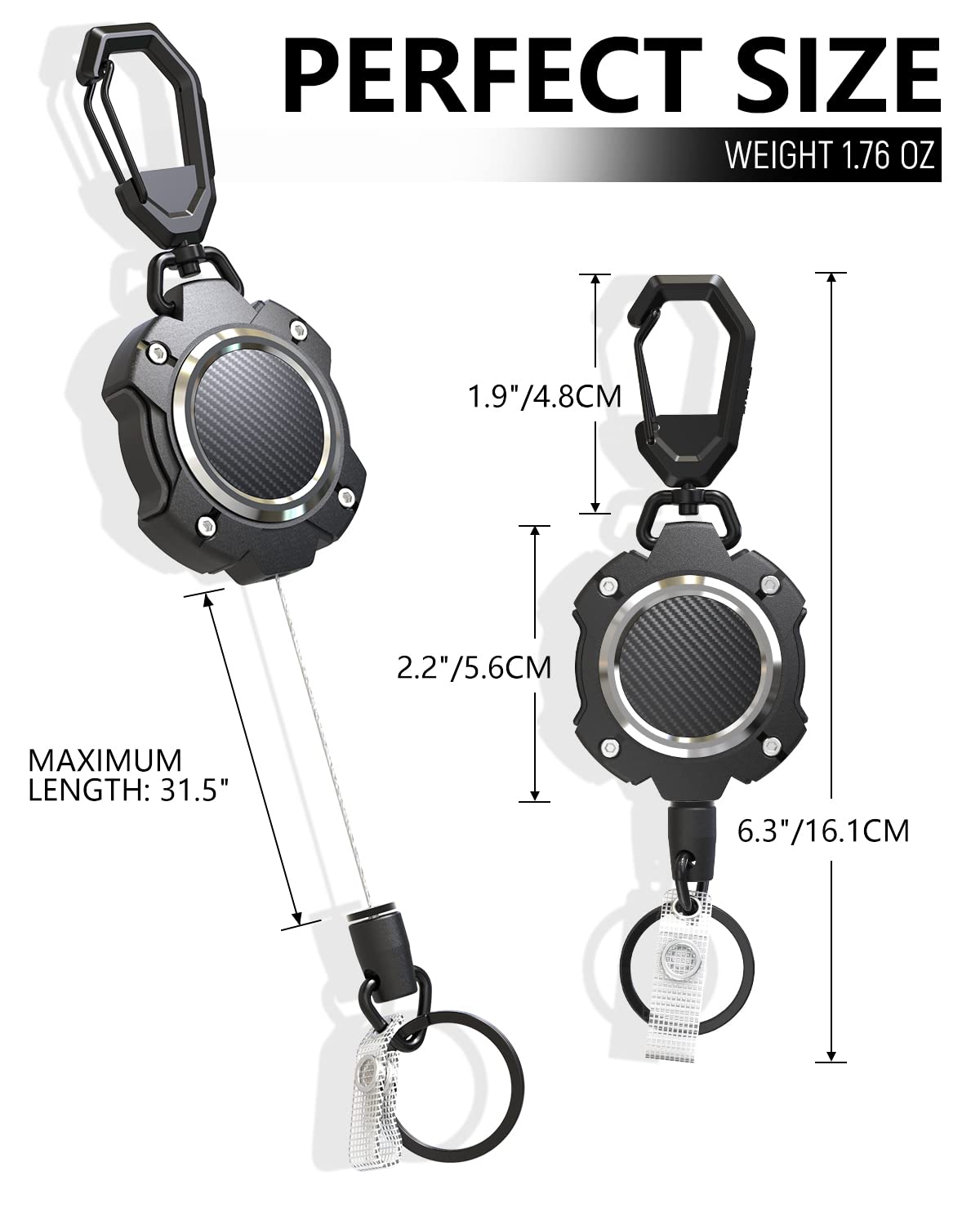 LIUGX 2 Pack Retractable Keychain, Heavy Duty Carabiner Key Chains, 10,000+ Rebound, Impact Resistance ID Badge Reels with 31.5β Wire Rope and Key Ring, Up to 8oz, Aluminum Ring, Carbon Fiber-Texture