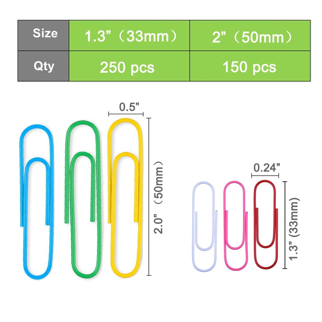 Vinaco Paper Clips Colorful, 400PCS Medium and Jumbo(1.3 inch & 2 inch)Paper Clips, Durable and Rustproof, Coated Large Paper Clips Great for Office School Document Organizing (Multicolored)