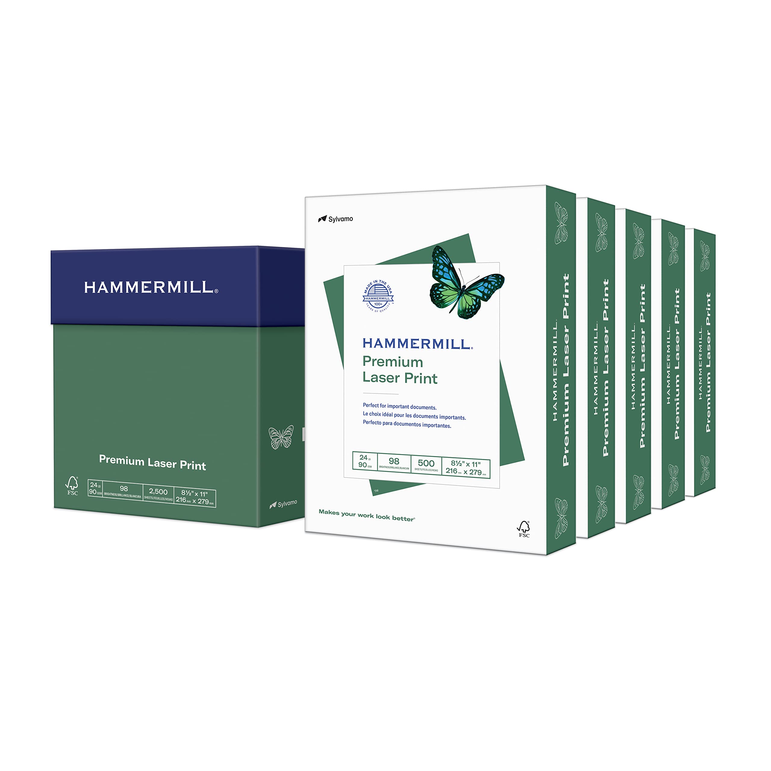 Hammermill Printer Paper, Premium Laser Print 24 lb, 8.5 x 11 - 5 Ream (2,500 Sheets) - 98 Bright, Made in the USA, 104640C