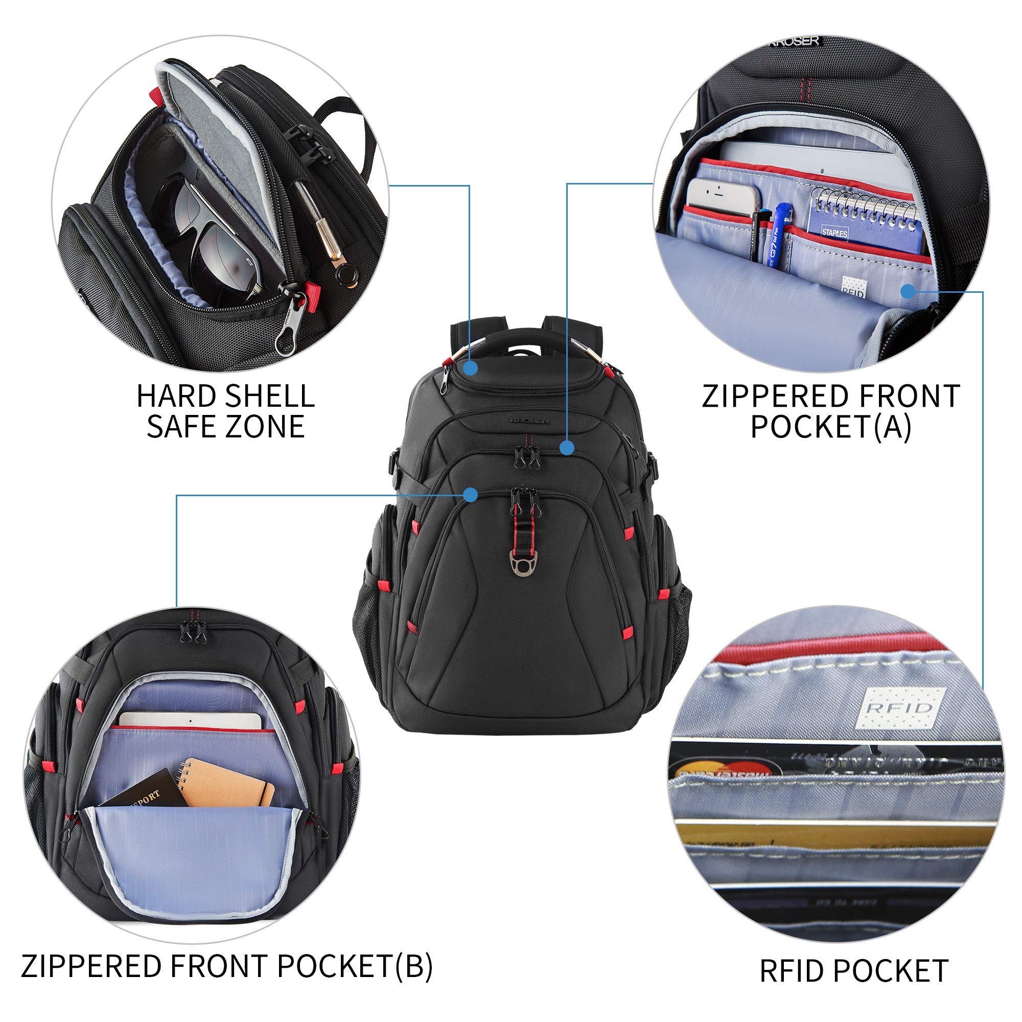 KROSER Travel Laptop Backpack 17.3 Inch XL Computer Backpack with Hard Shell Saferoom RFID Pockets Water-Repellent Business College Daypack Stylish School Laptop Bag for Men/Women-Black