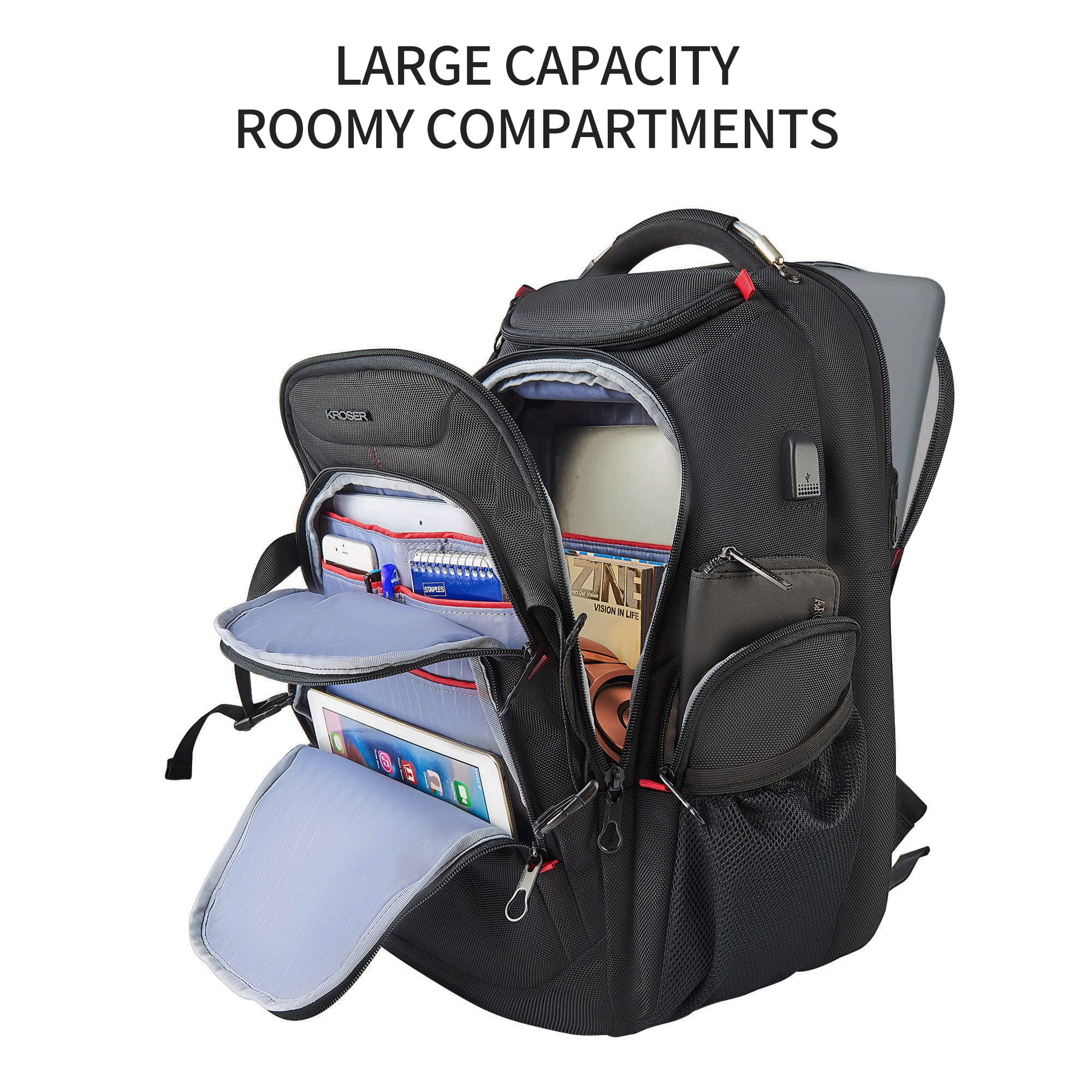 KROSER Travel Laptop Backpack 17.3 Inch XL Computer Backpack with Hard Shell Saferoom RFID Pockets Water-Repellent Business College Daypack Stylish School Laptop Bag for Men/Women-Black
