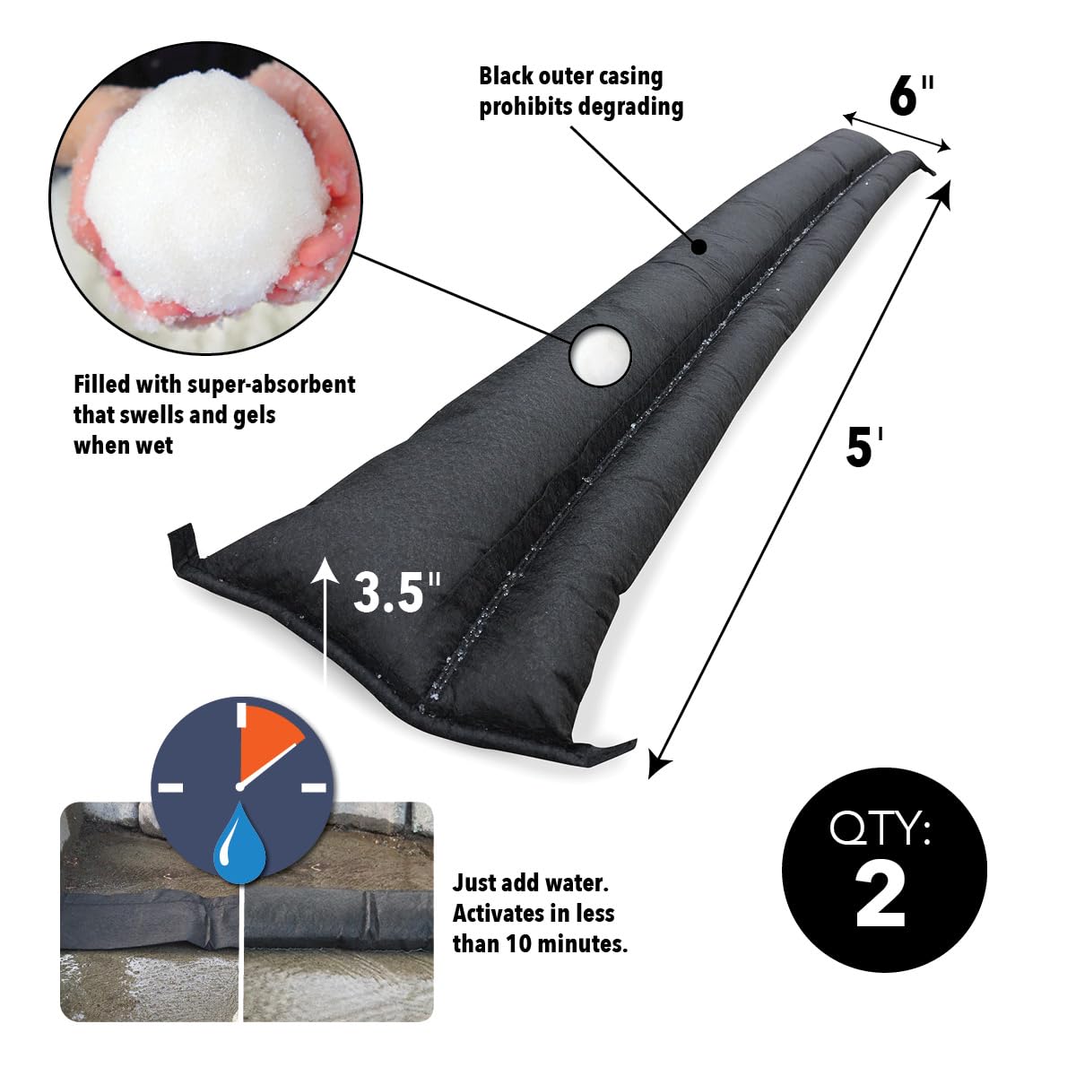 Quick Dam QD65-2 5' Barrier Water Flood Dam Bags, 2 Pack, Black
