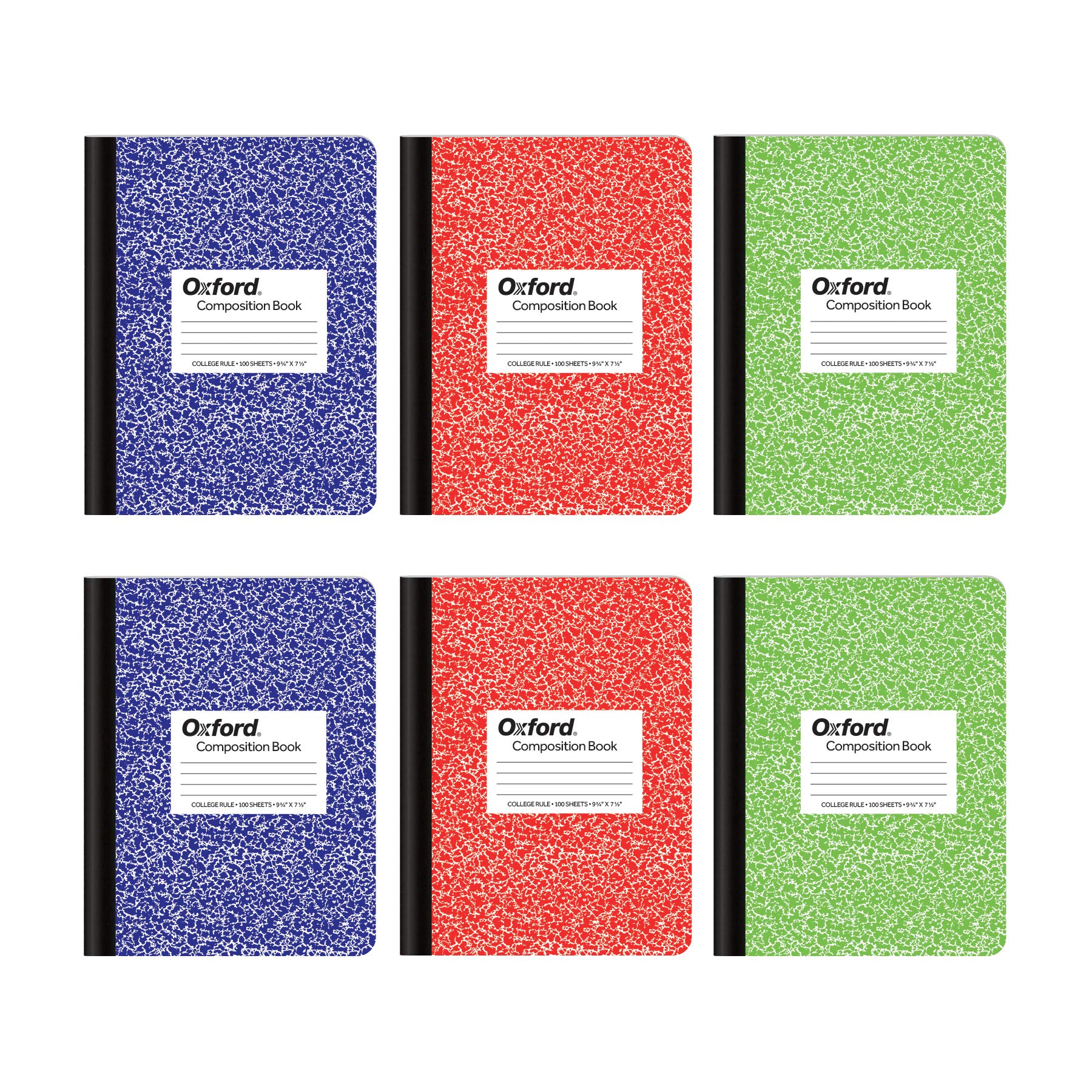 Oxford Composition Notebook 6 Pack, College Ruled Paper, 9-3/4 x 7-1/2 Inches, 100 Sheets, Assorted Marble Covers. 2 Each: Blue, Green, Red (63763)