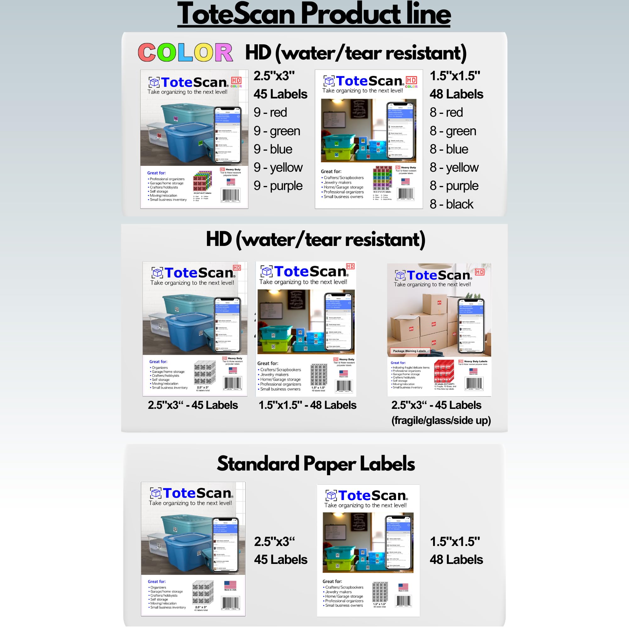 ToteScan Intelligent QR Labels for organizing & Storage (45 Unique Labels, 2.5"x3")