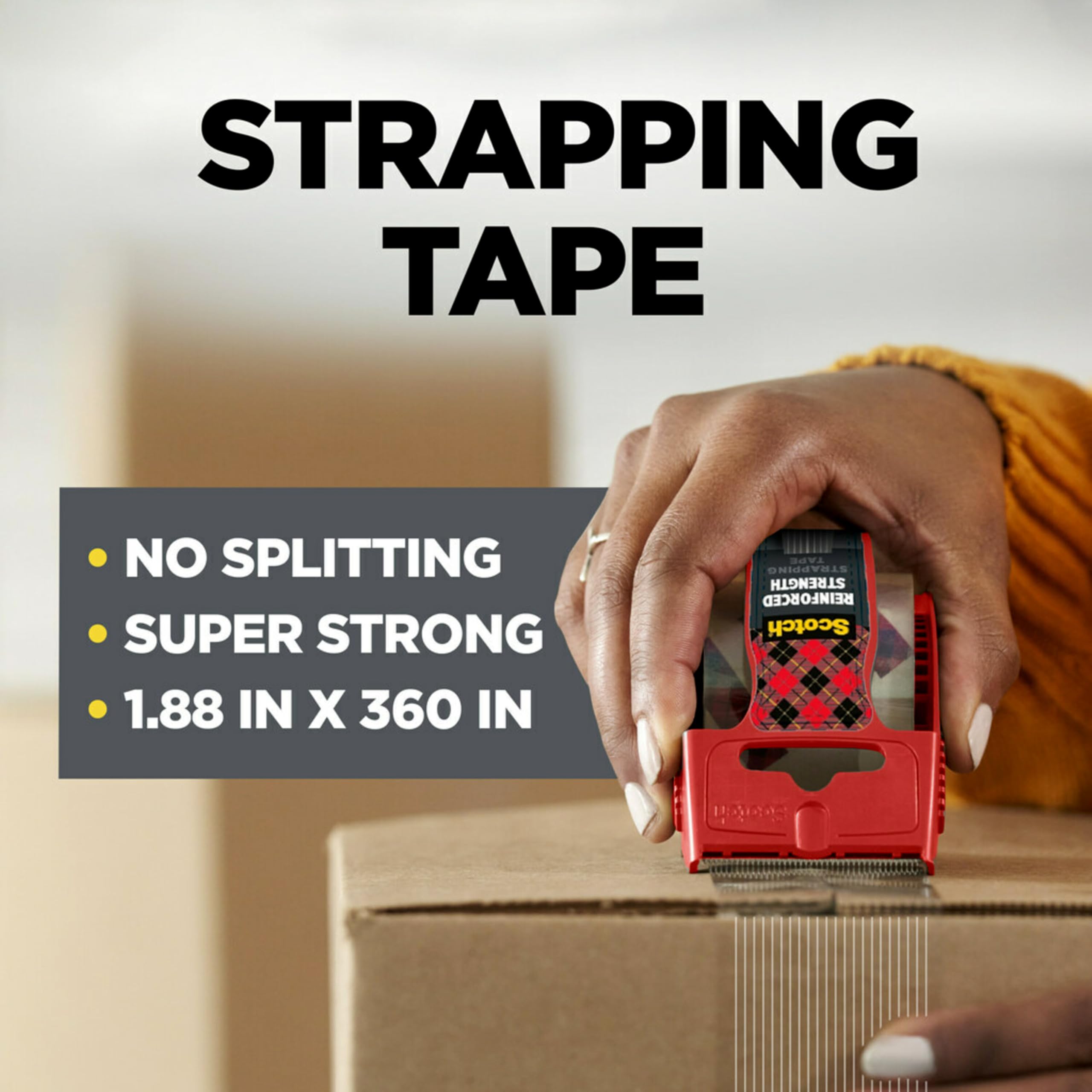 Scotch Reinforced Strength Shipping Strapping Tape with Dispenser, Clear, 1.88"x 360 in, 1 Dispenser/Pack, Pack of 1