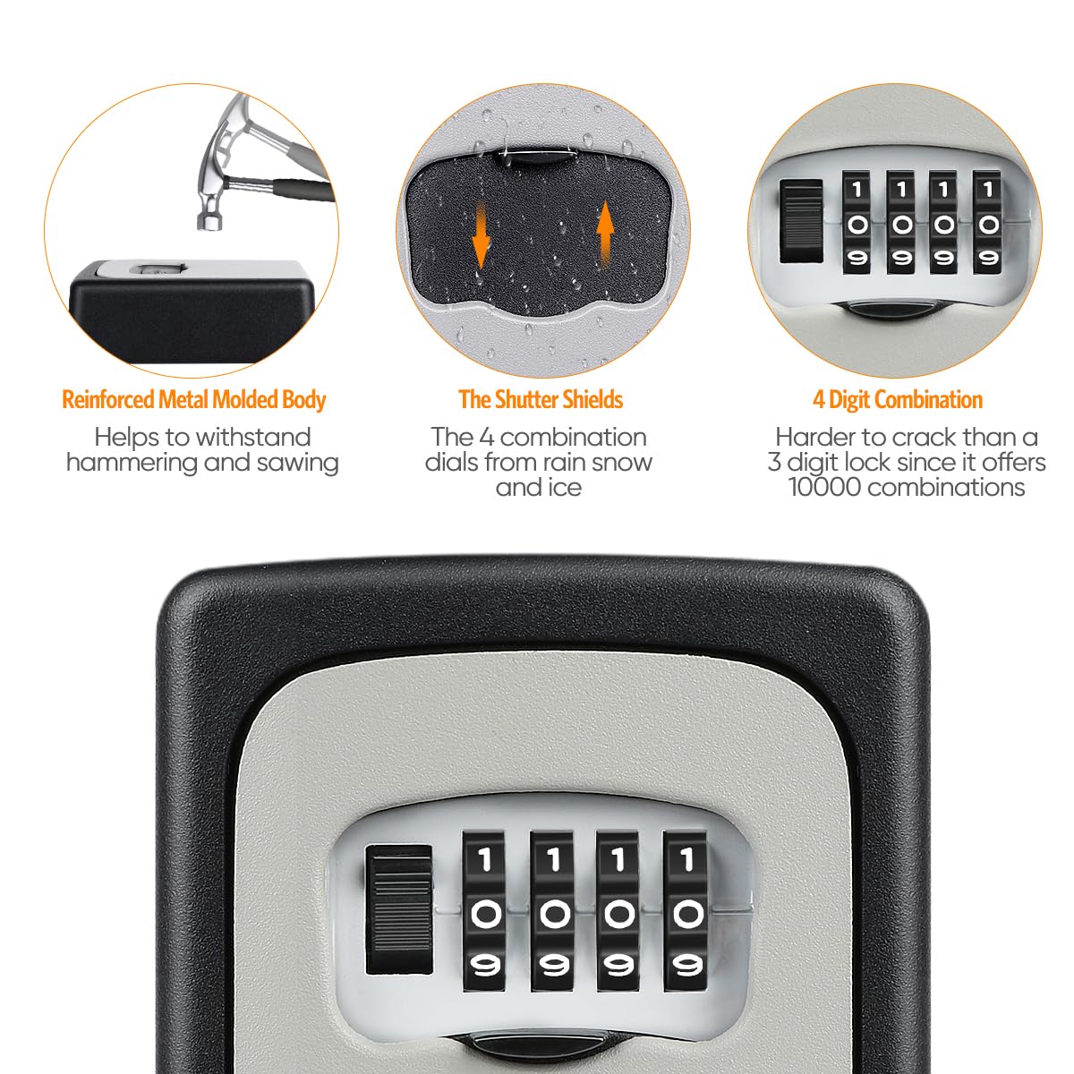 Key Lock Box Wall Mounted, Fayleeko 4 Digit Combination Lockbox for Outside, House Keys - 5 Keys Capacity, Key Safe Security Storage Lock Box for Indoor, Outdoor, Garage, Garden, Store (1-Pack, Gray)