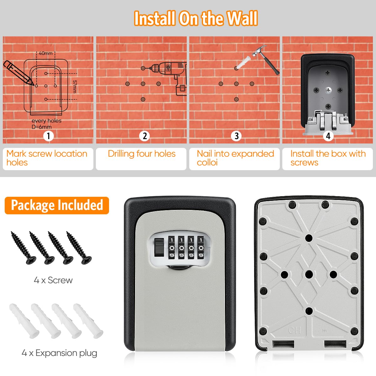 Key Lock Box Wall Mounted, Fayleeko 4 Digit Combination Lockbox for Outside, House Keys - 5 Keys Capacity, Key Safe Security Storage Lock Box for Indoor, Outdoor, Garage, Garden, Store (1-Pack, Gray)
