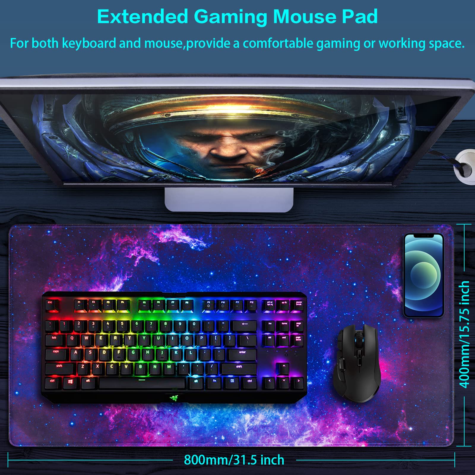 Canjoy Gaming Mouse Pad, Extended Mouse Pad, 31.5x15.7inch XXL Large Big Computer Keyboard Mouse Mat Desk Pad with Non-Slip Base and Stitched Edge for Home Office Gaming Work, Galaxy Print