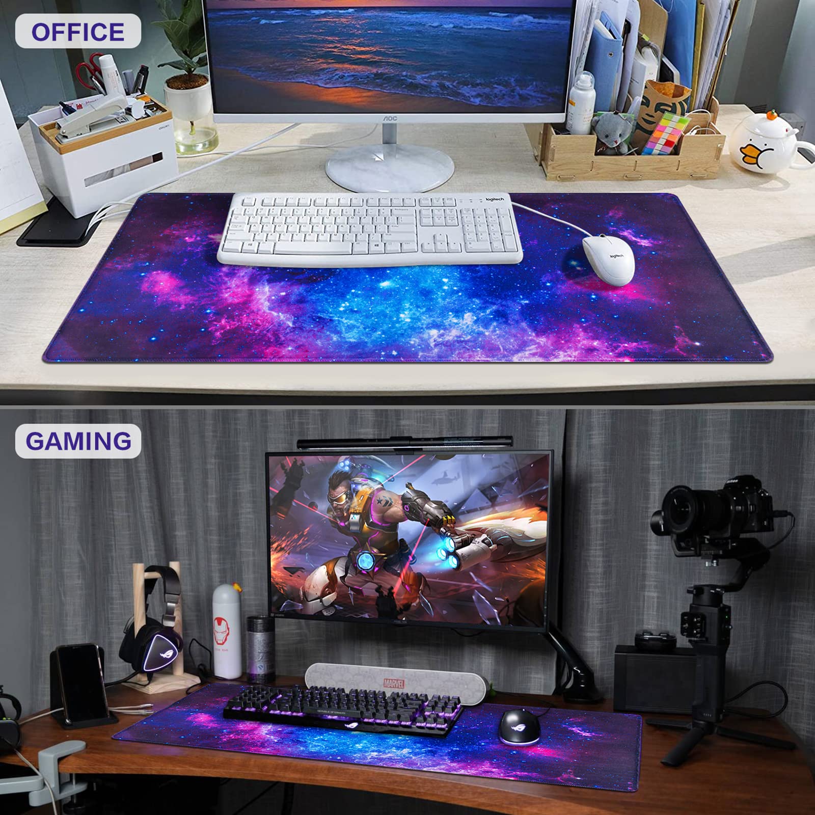 Canjoy Gaming Mouse Pad, Extended Mouse Pad, 31.5x15.7inch XXL Large Big Computer Keyboard Mouse Mat Desk Pad with Non-Slip Base and Stitched Edge for Home Office Gaming Work, Galaxy Print