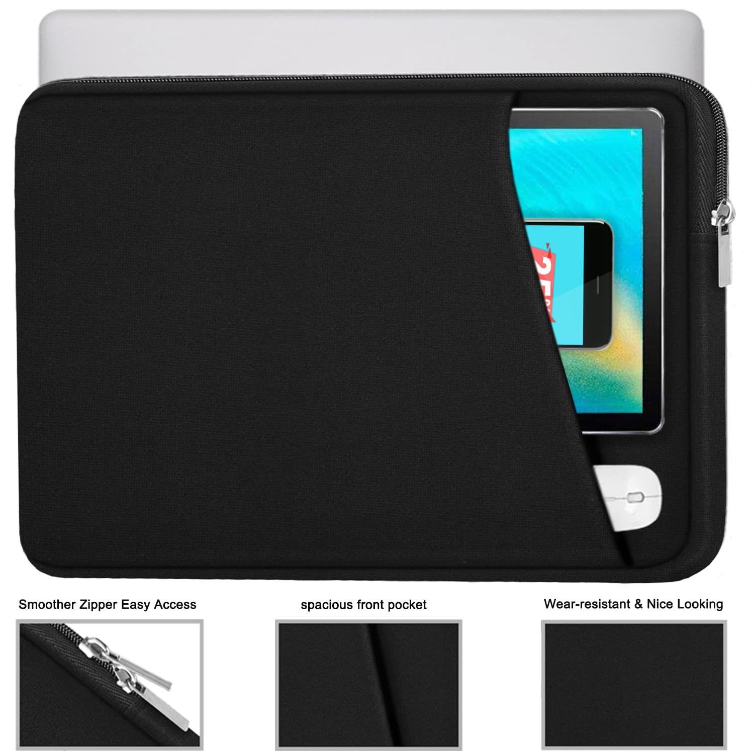 Laptop Sleeve 15.6 inch, Durable Briefcase Cover Shockproof Protective Case, Handbags Portable Laptop Bag for 15.6 inch HP Dell Asus Lenovo Notebook Computer, Laptop Case with Front Pocket, Black