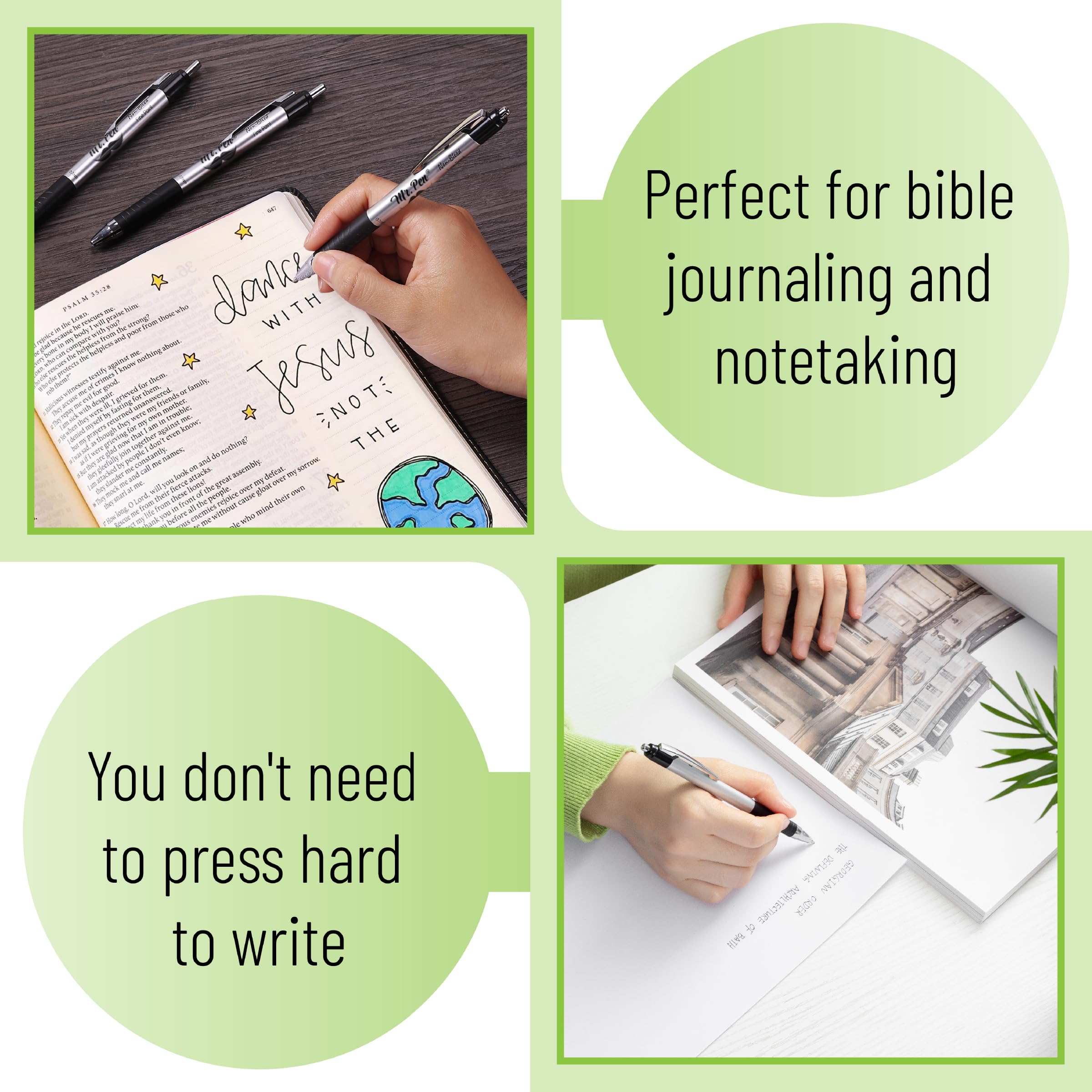 Mr. Pen No Bleed Pens, Bible Pens, Fine Tip, Black, Pack of 6