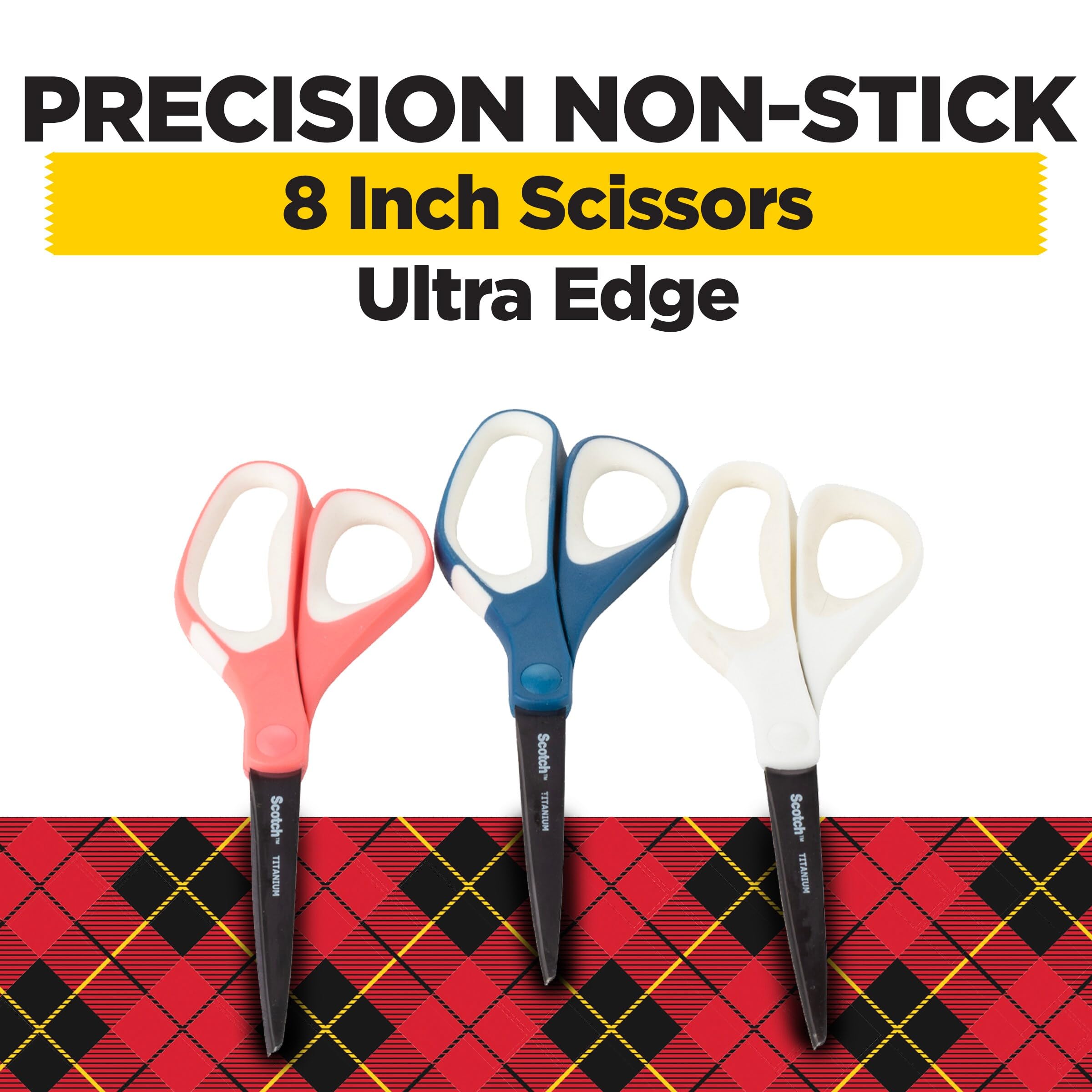 Scotch 8" Precision Ultra Edge Non-Stick Scissors, 3 Count, All-Purpose Titanium Scissors for Fabric, Crafts, Cardstock, Office, and School Supplies (1458-3AMZ-ESF)