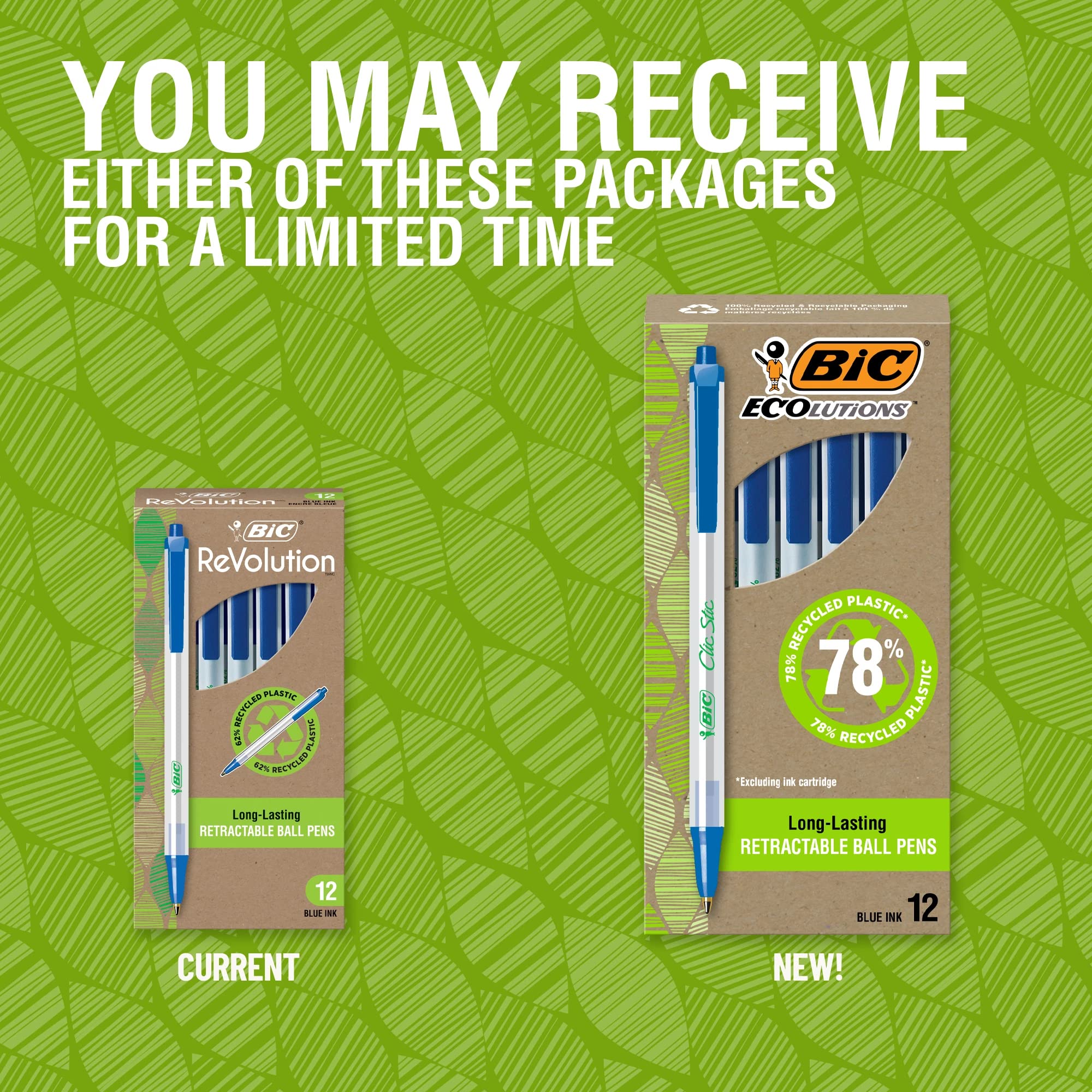 BIC Ecolutions Clic Stic Blue Ballpoint Pens, Medium Point (1.0mm), 12-Count Pack, Retractable Ball Point Pens Made from 78% Recycled Plastic