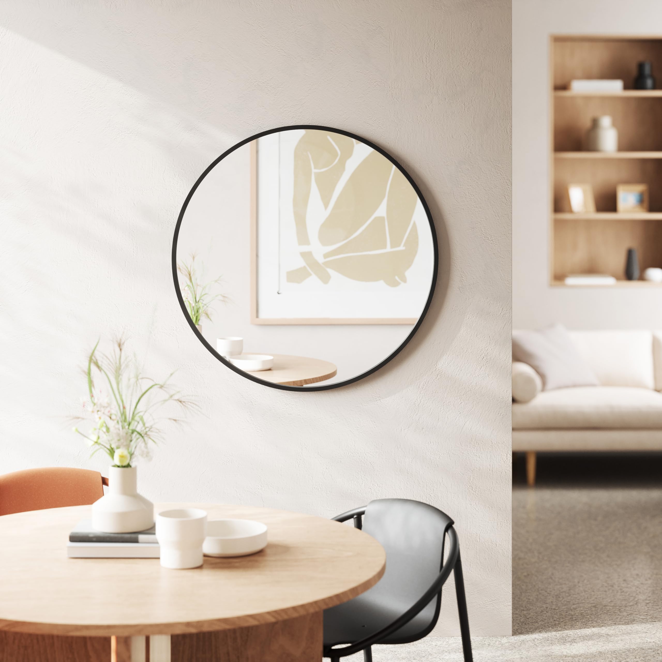 Umbra Hub 37” Round Wall Mirror with Rubber Frame, Modern Decor for Entryways, Washrooms, Living Rooms Inch, Black
