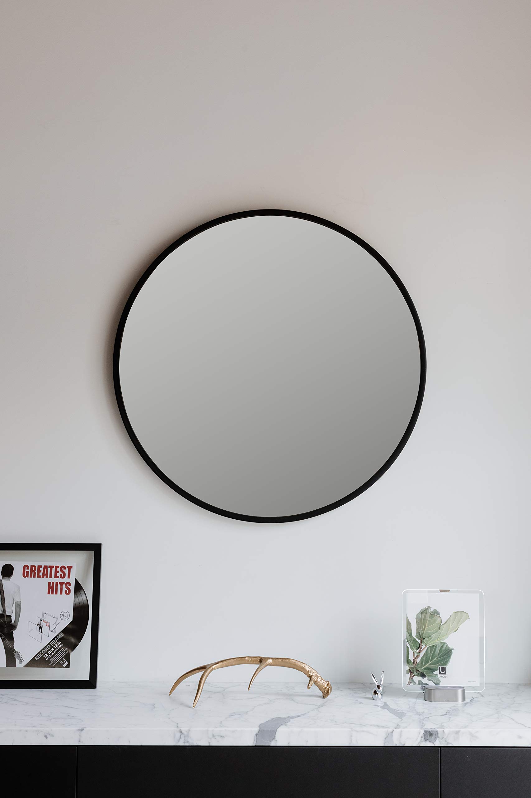 Umbra Hub 37” Round Wall Mirror with Rubber Frame, Modern Decor for Entryways, Washrooms, Living Rooms Inch, Black